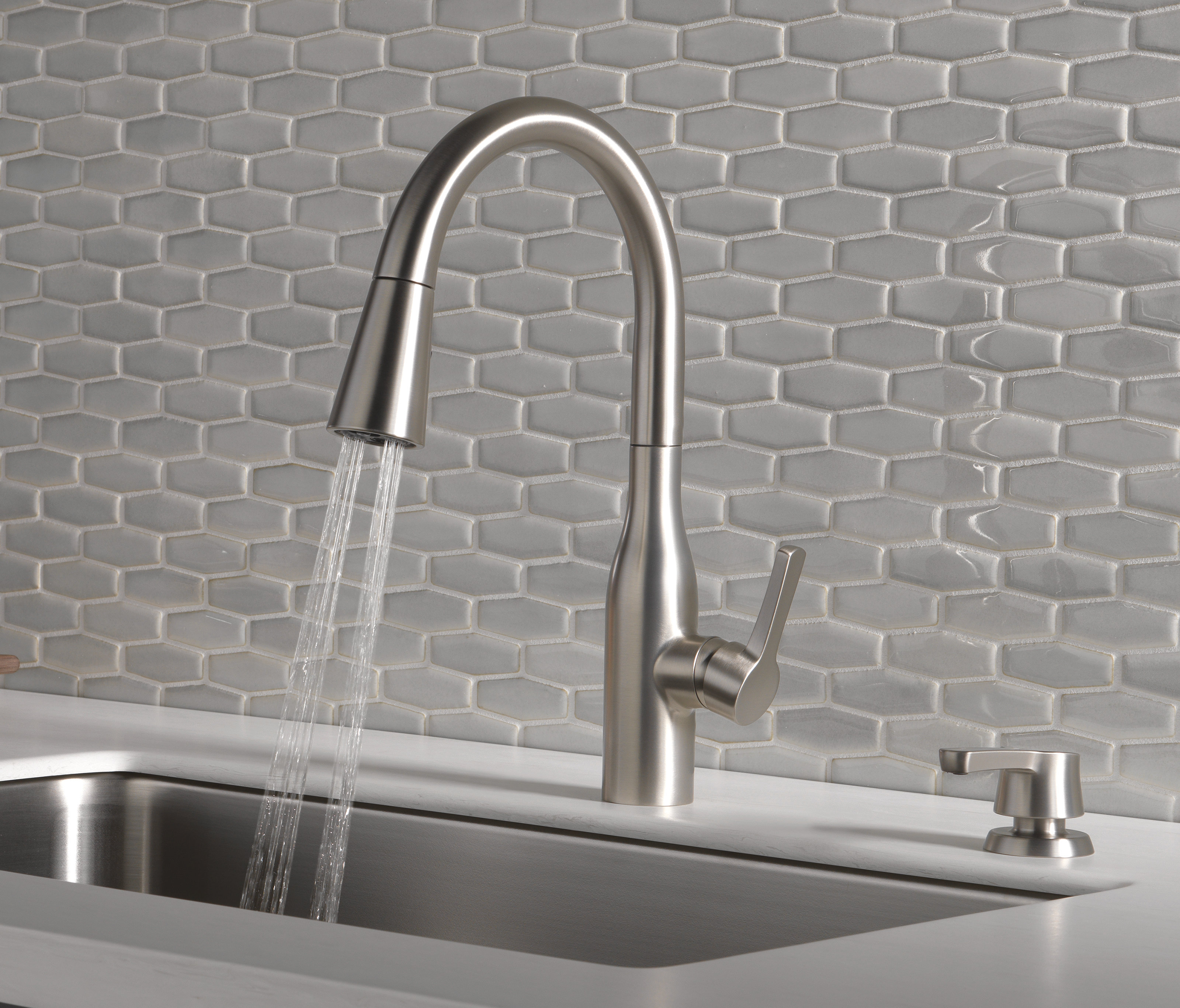 Delta Marca Pull Down Single Handle Kitchen Faucet with Soap Dispenser ...