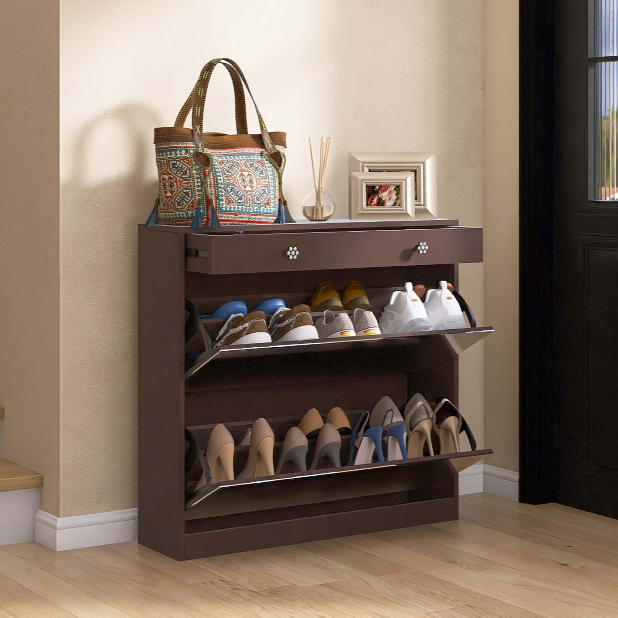 Latitude Run® Mirror Shoe Cabinet with 2 Tier Drawers, Mirror Shoe Rack ...