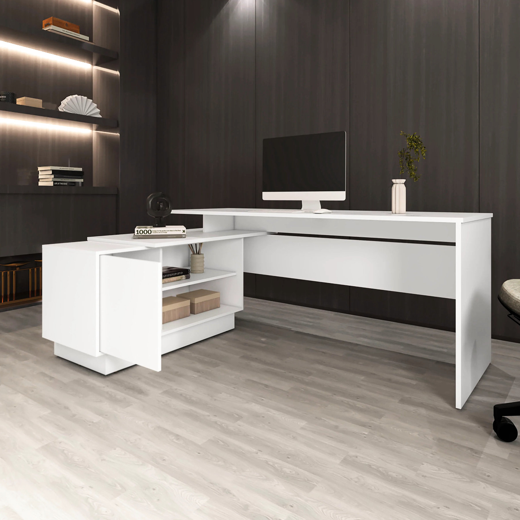 Latitude Run® White L-shaped Computer Desk With 5 Shelf And Keyboard ...