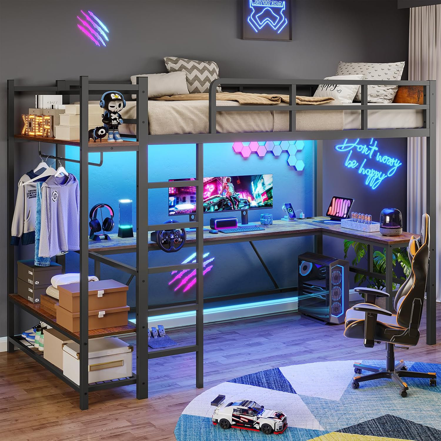Mason & Marbles Loft Bed with L-Shaped Desk, Led Lights And Charging ...