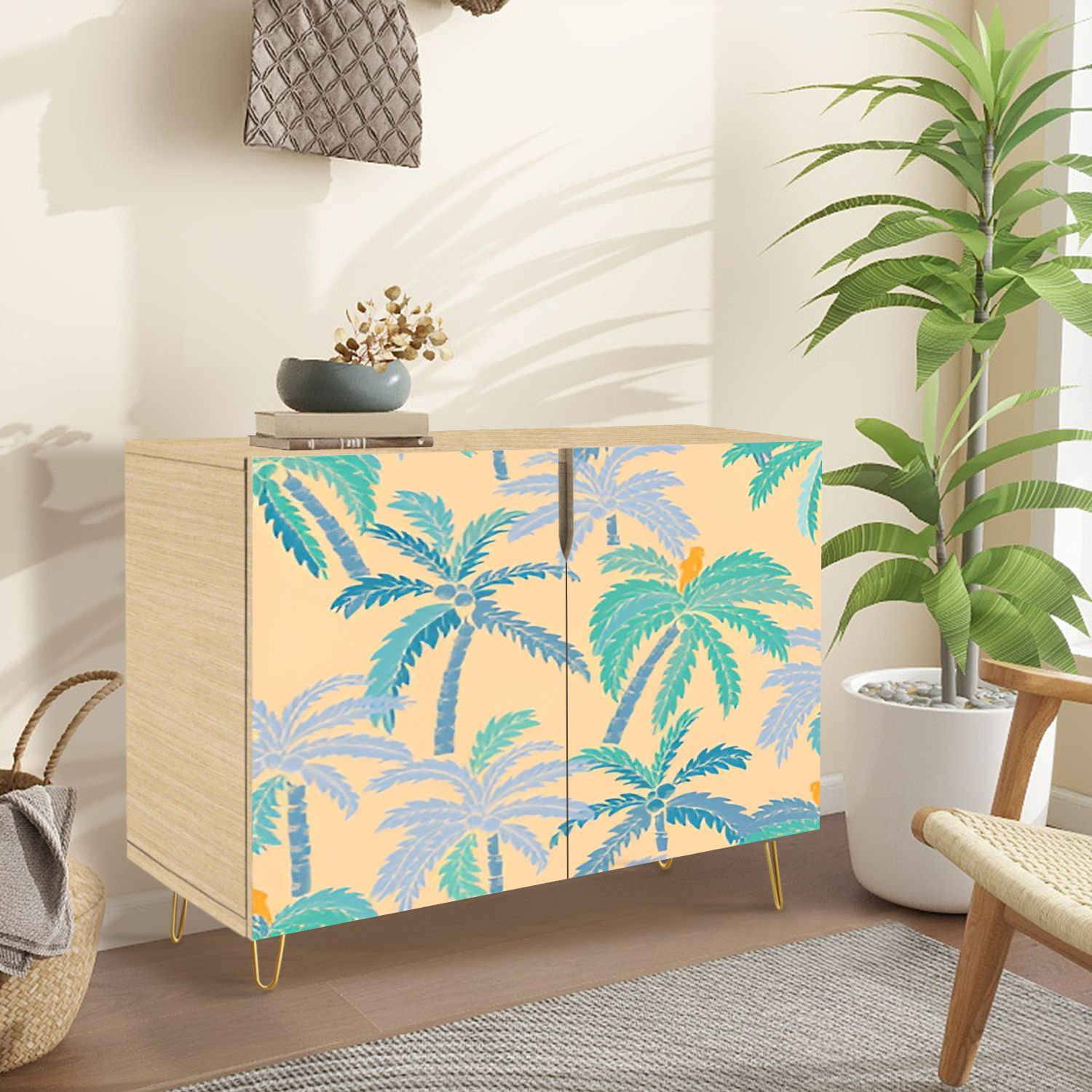 East Urban Home Sideboard Buffet Cabinet with Storage turquoise blue hand draw palm trees orange ...