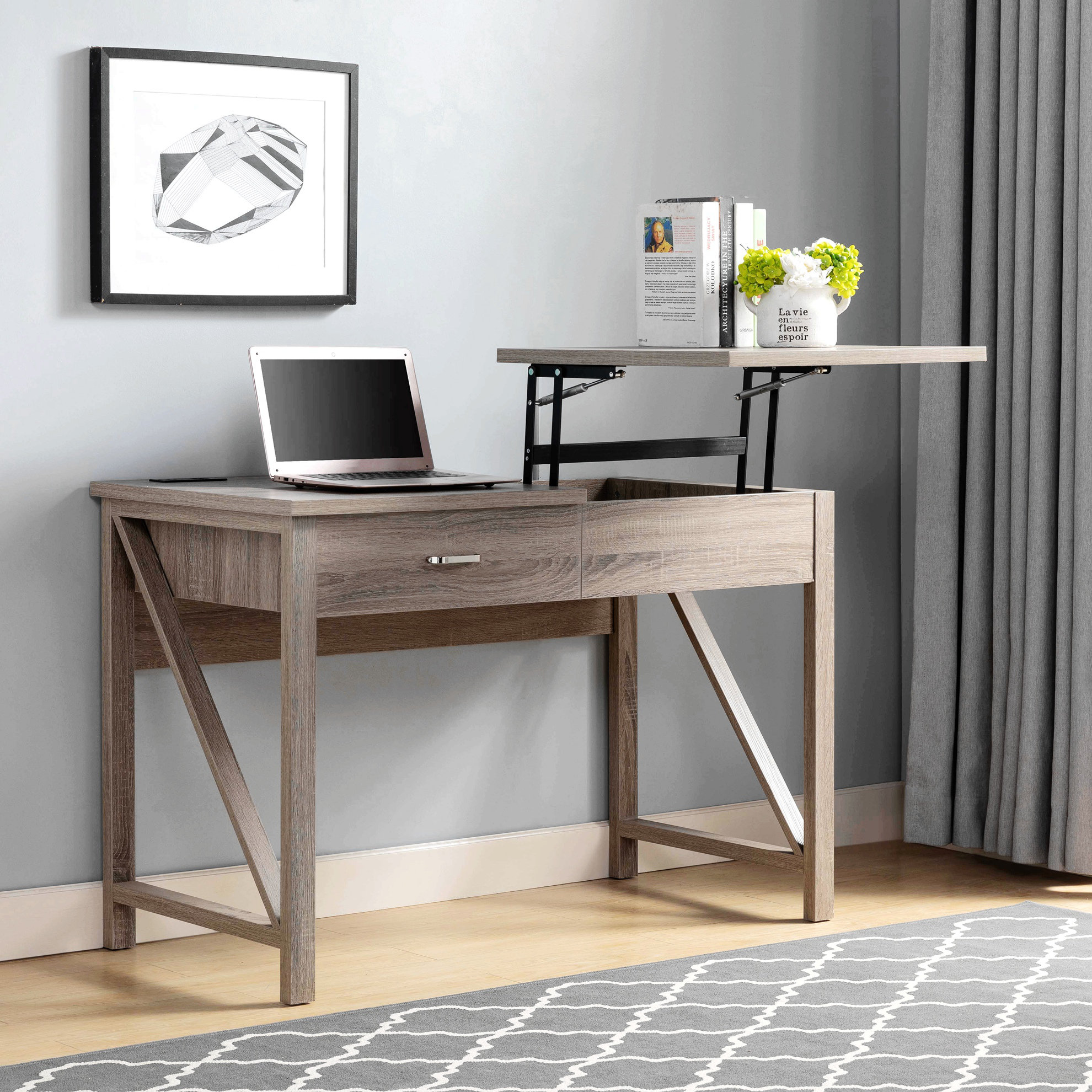 Gracie Oaks Home Office Desk, Lift- Top Desk With Drawer, USB/Power ...