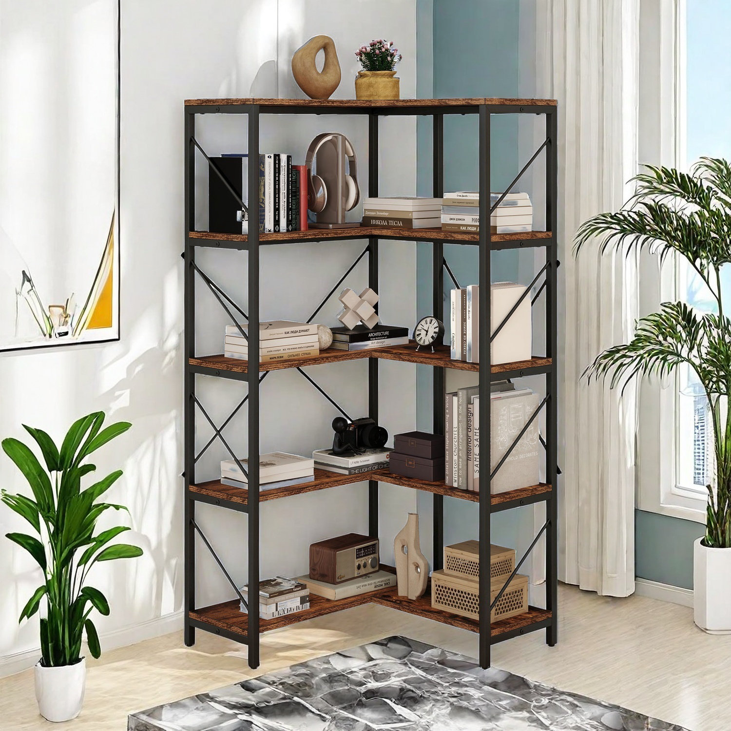 Ebern Designs Sukanya 5 Tier Corner Bookcase, Large Display Rack ...