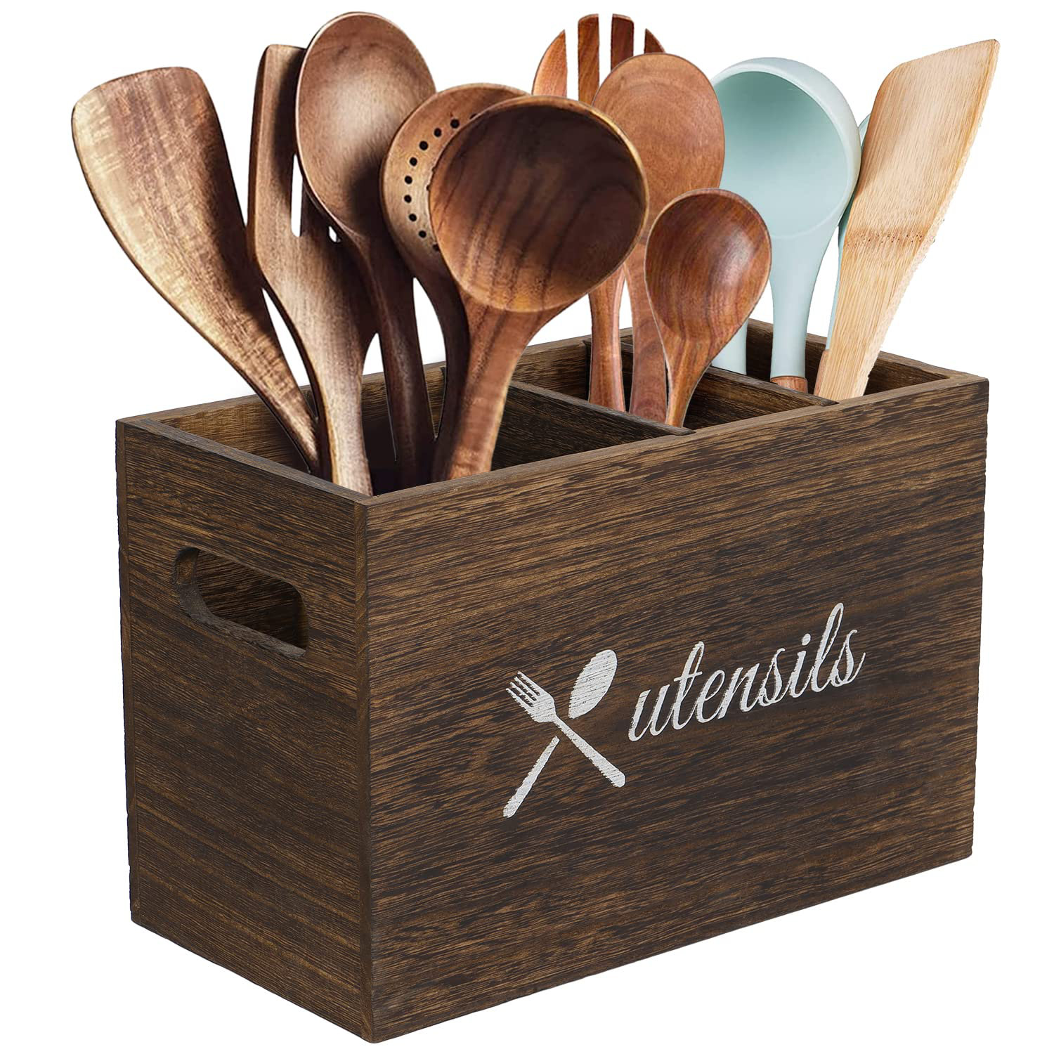 Gracie Oaks 3 Compartment Wooden Kitchen Utensil Holder Organizer With ...