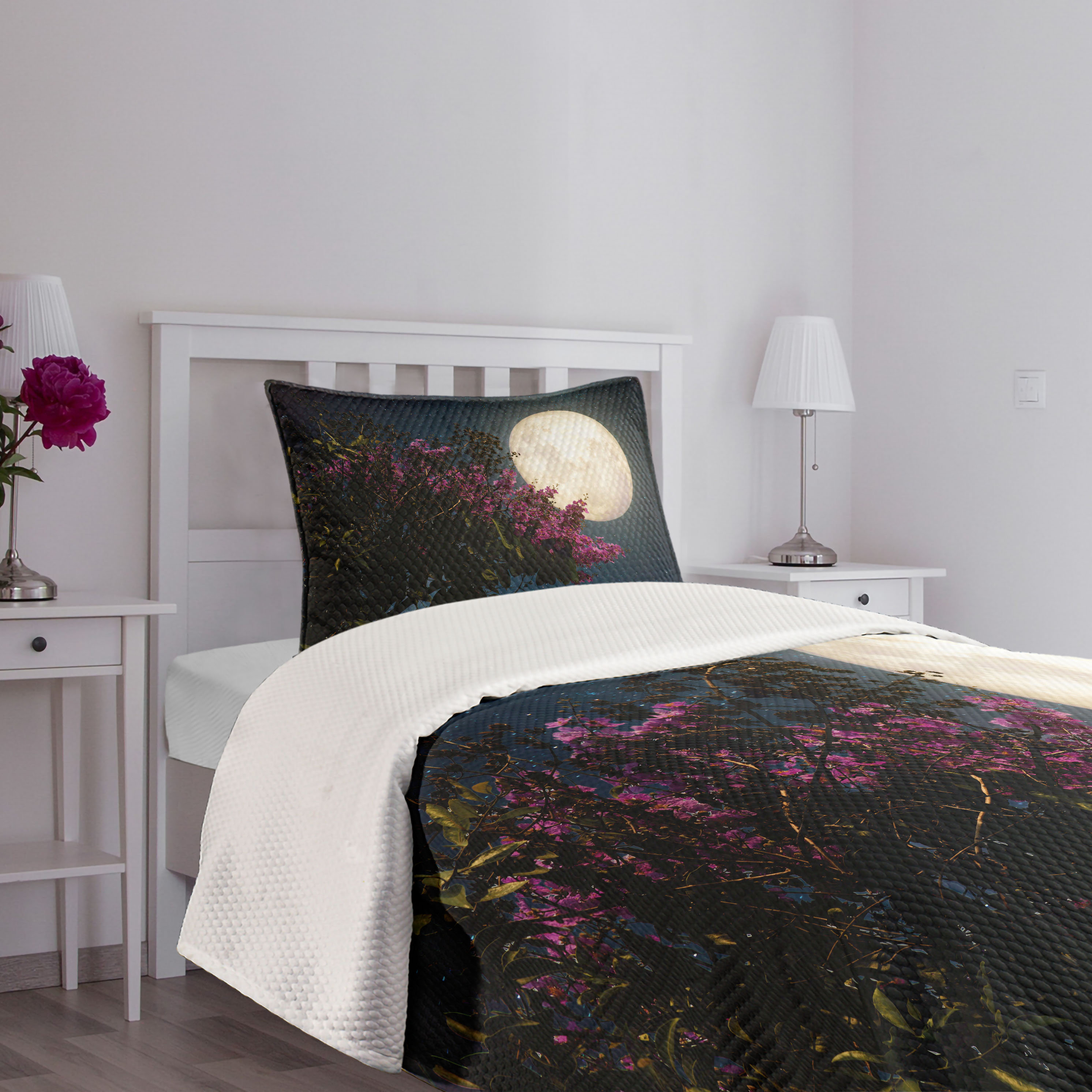 Ambesonne Moon Bedspread Set Milky Way Eastern Night Magenta Ivory Dark ...