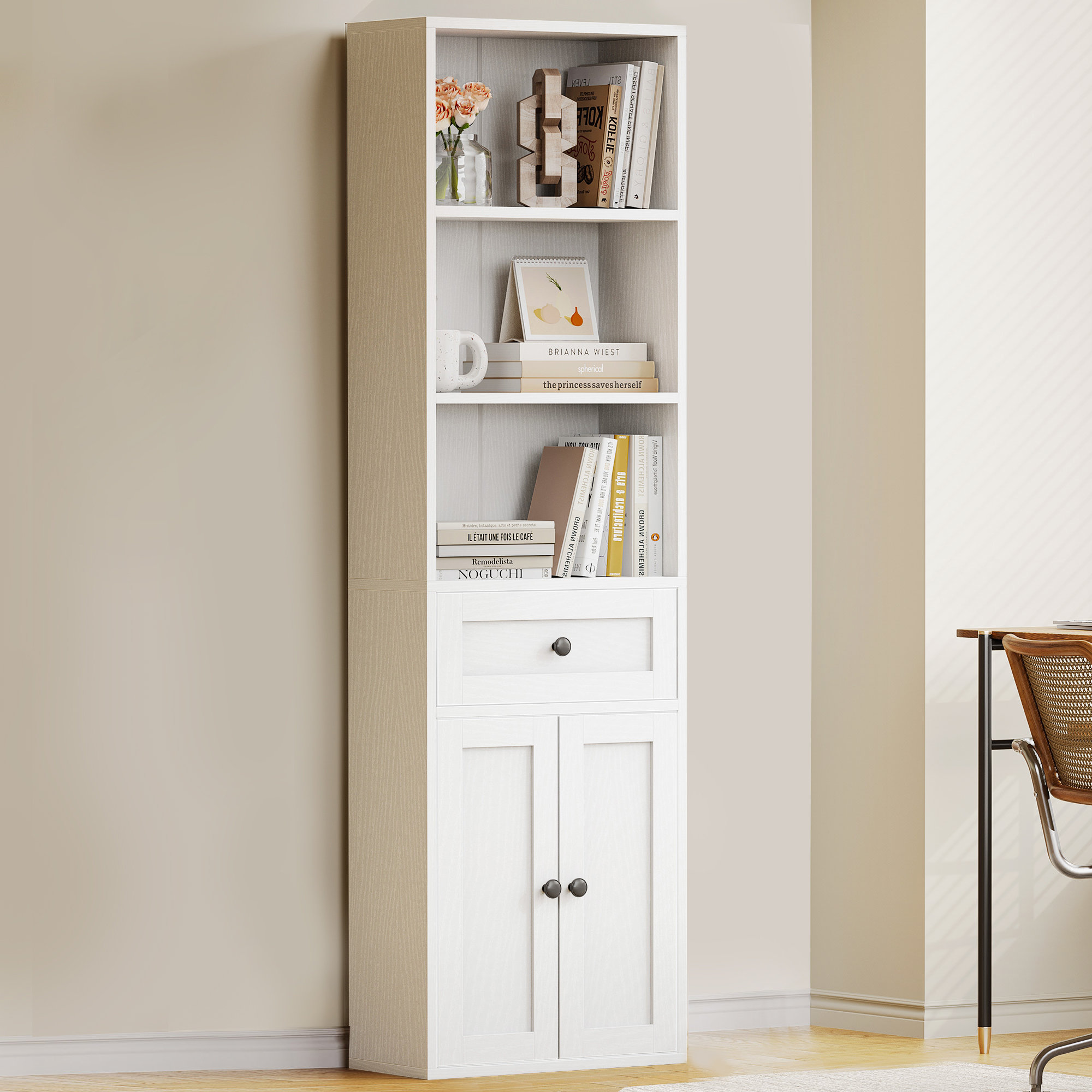 Millwood Pines Display Bookcase With 3-tier Shelves, Storage Bookshelf With 2 Doors & 1 Drawer ...