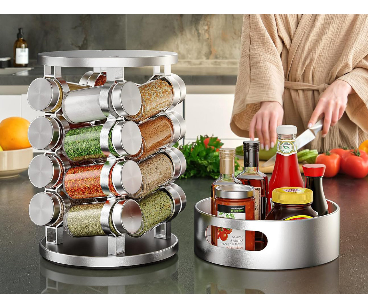 Prep & Savour 2 Tier Rotating Spice Rack Set With 16 Jars and Extra Top ...