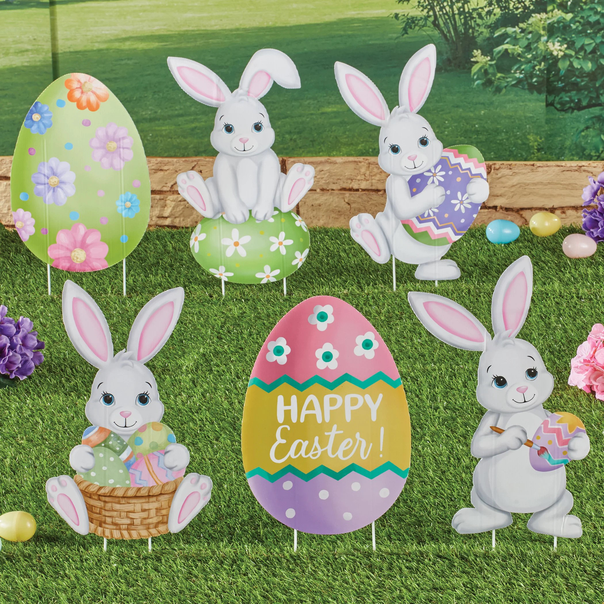 Ophelia & Co. Happy Easter Colorful Eggs and Bunnies 6-Piece Garden Stake Set | Wayfair