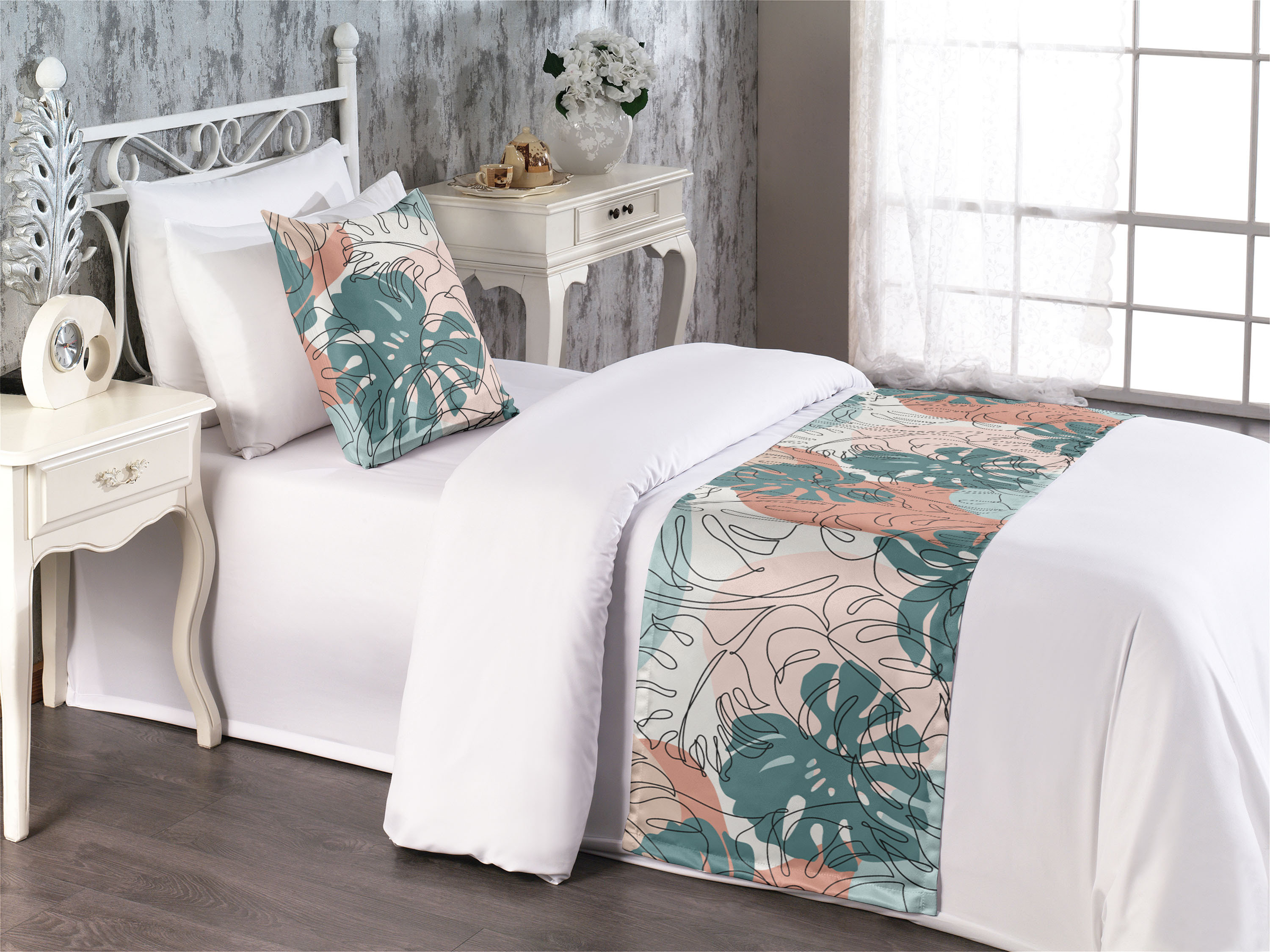 Ambesonne Tropical Bed Runner Set Palm Leaves Line Art Plot Dark Cadet ...