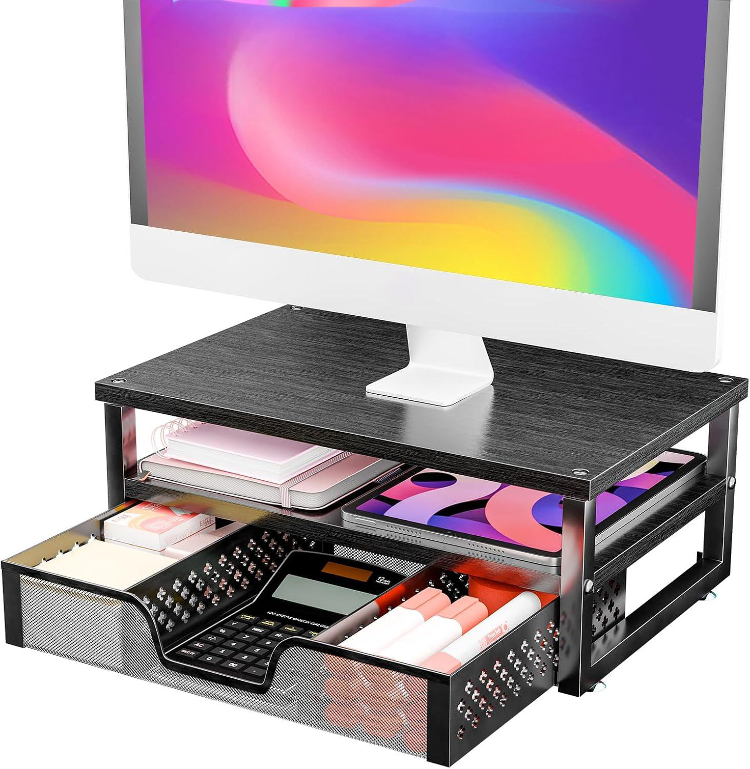 Inbox Zero 2-Tier Wood Monitor Stand Riser, Computer Desk Organizer For ...