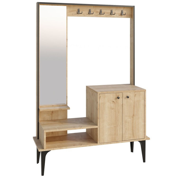 17 Stories Hall Tree With Mirror, Cabinet And 10 Hooks | Wayfair