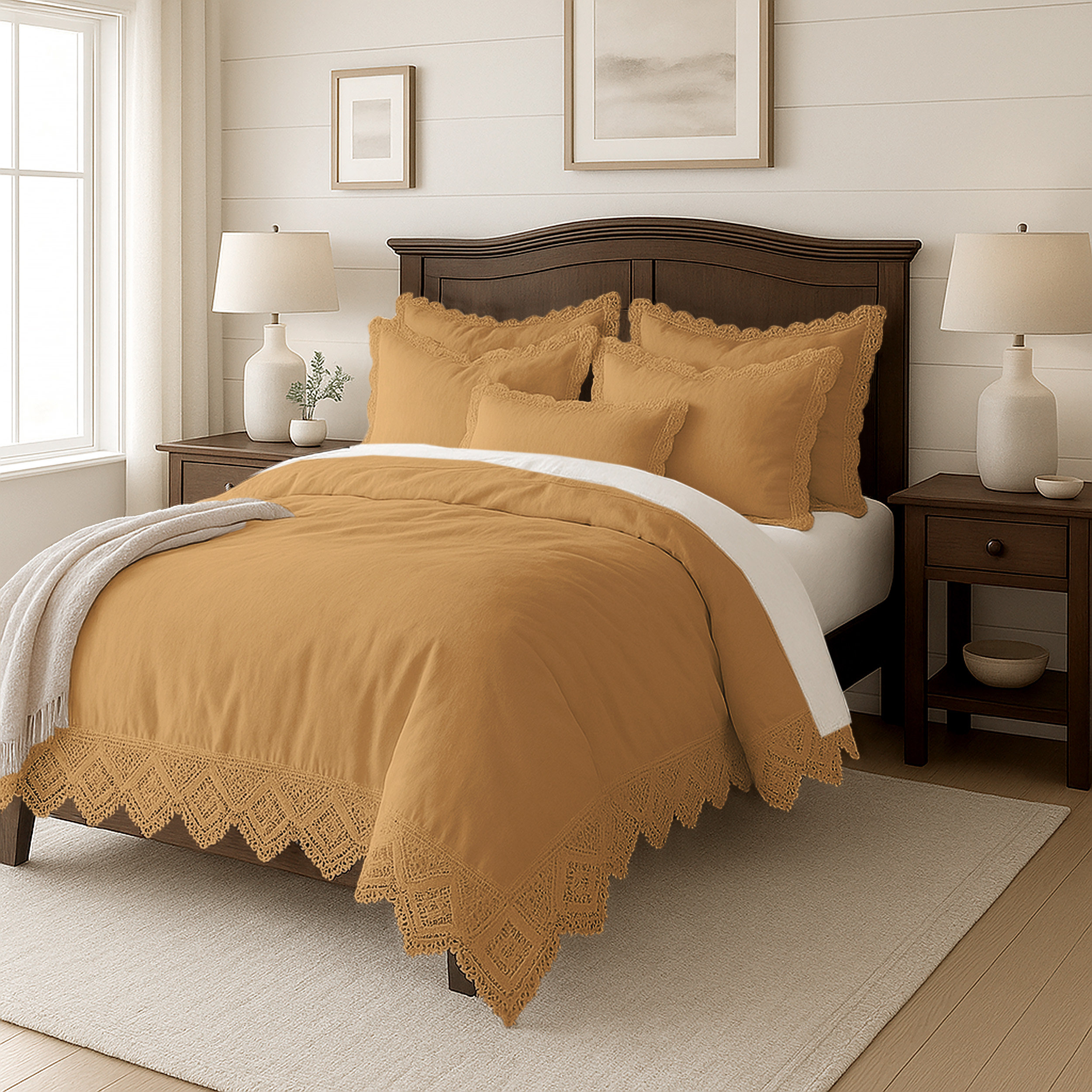6ix Tailors Fine Linens Elsie Lace Gold Cotton Comforter Set 6 Pieces ...