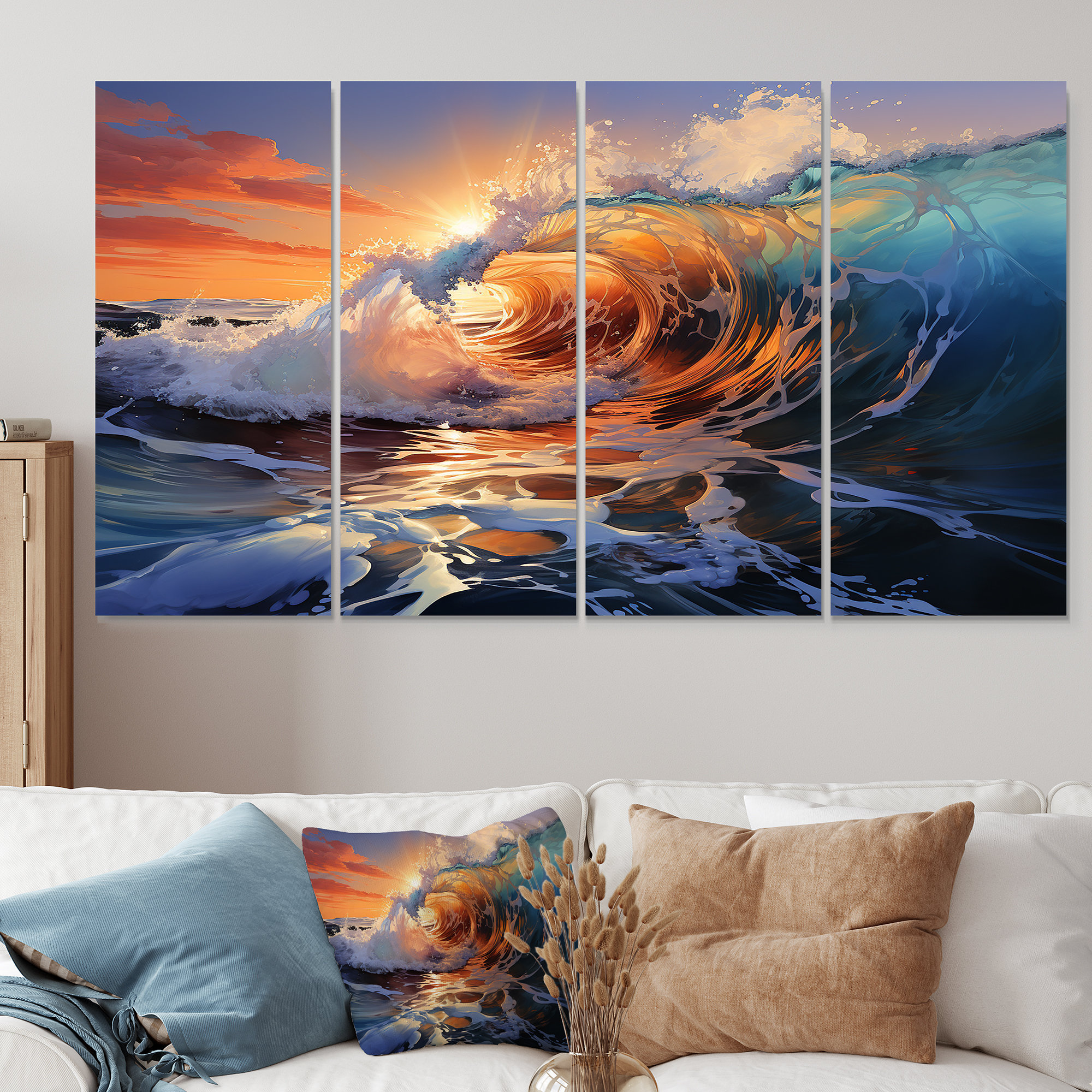 Highland Dunes Blue And Orange Sunrise Waves IV - Coastal Waves 4 Piece ...