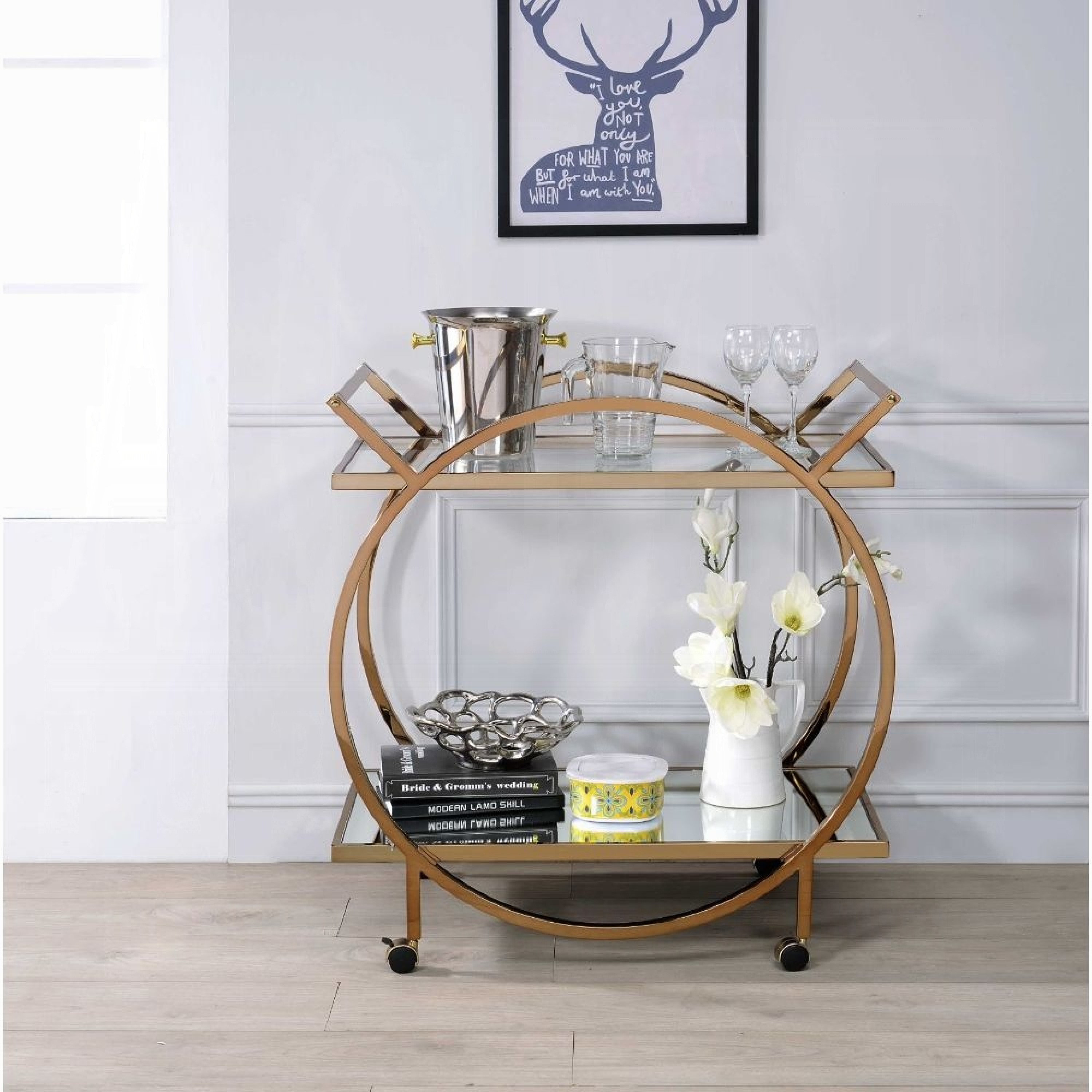 Everly Quinn Kleckner Bar Cart with Shelf in Champagne and Mirrored ...