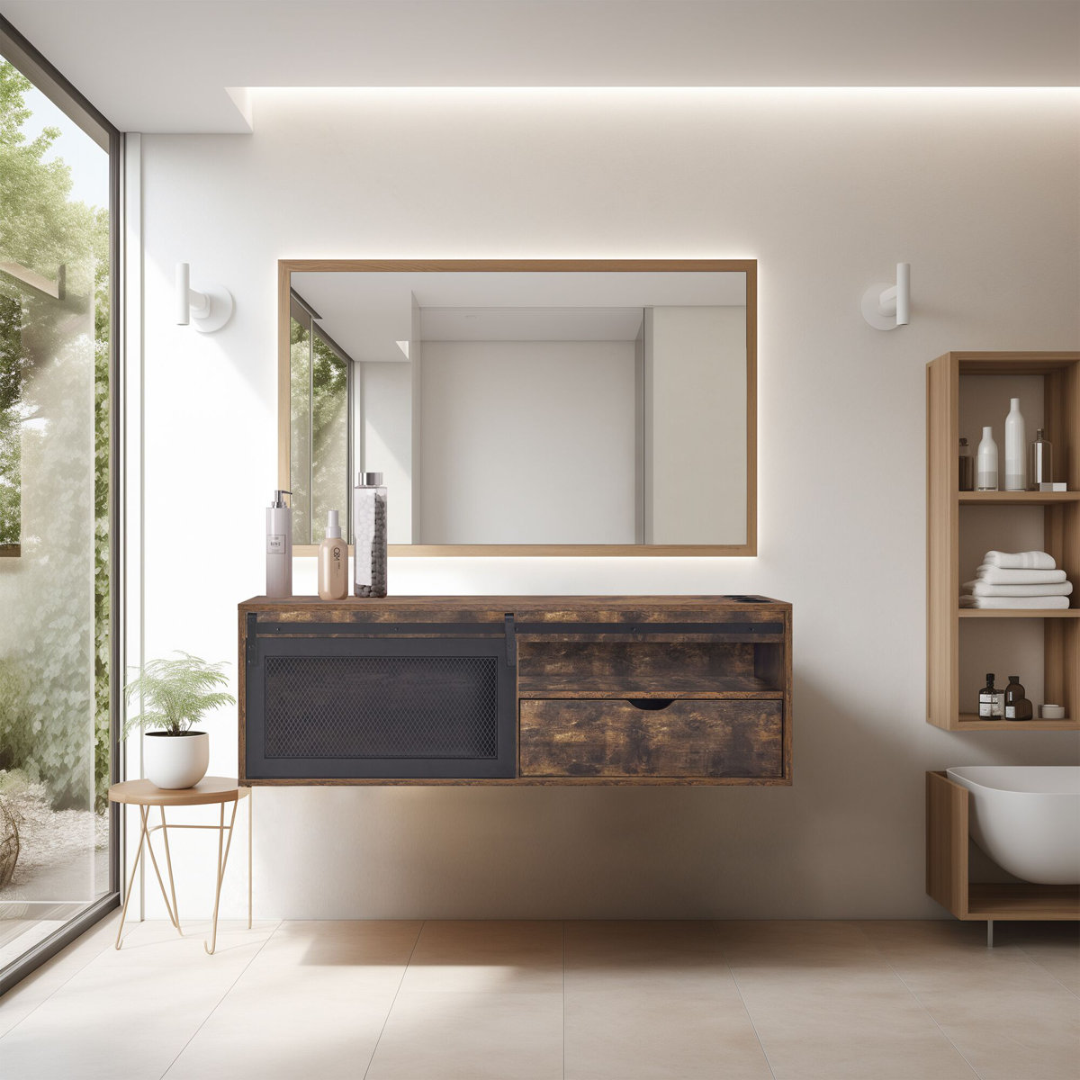 Gracie Oaks Wall Mount Makeup Vanity, Floating Makeup Station with 3 ...