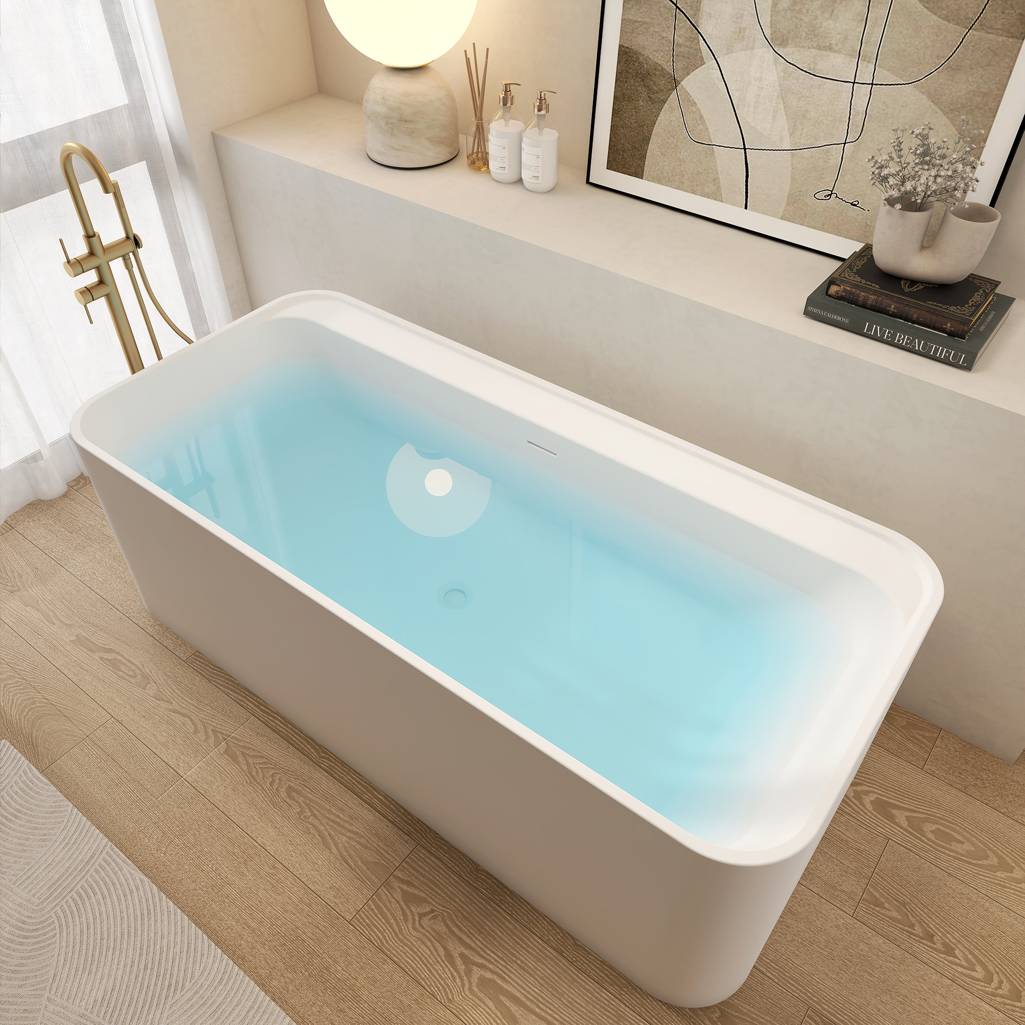 HOPROME 66.93”Freestanding Soaking Bathtub Solid Surface Soaking Tubs ...