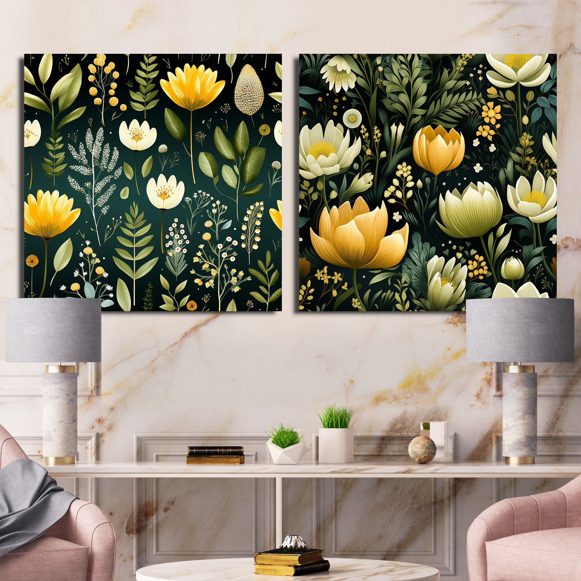 Design Art Botanical Bliss Boho Pattern - Abstract Botanicals Square Collage Set Of 2 | Wayfair