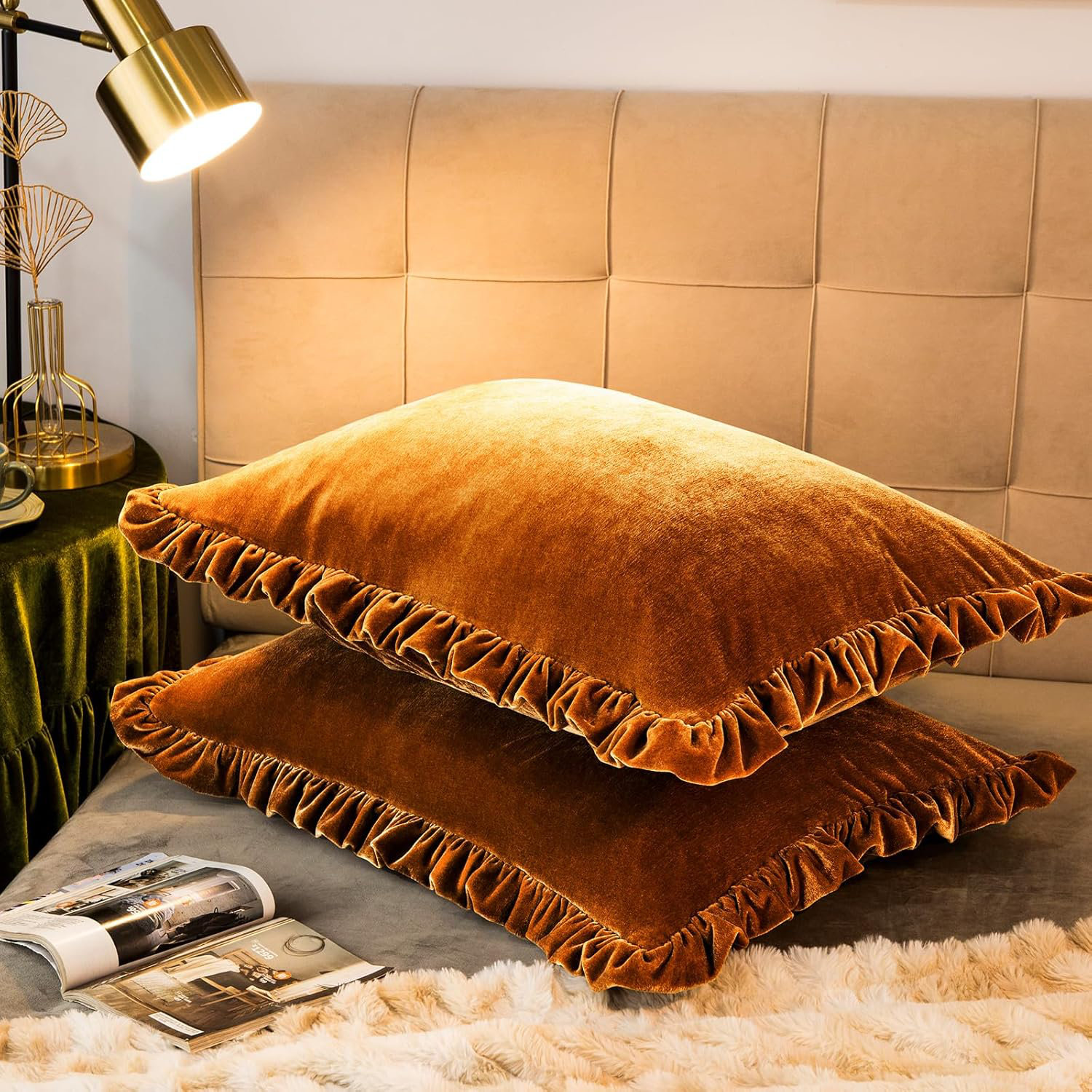 MAGBIX Velvet Pillow Shams Set Of 2 Retro Ruffle Flounces Trim Soft ...