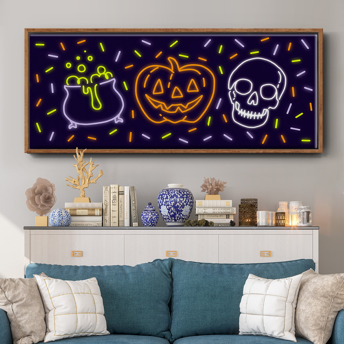 The Holiday Aisle® Neon Halloween - Floater Frame Print on Canvas | Wayfair