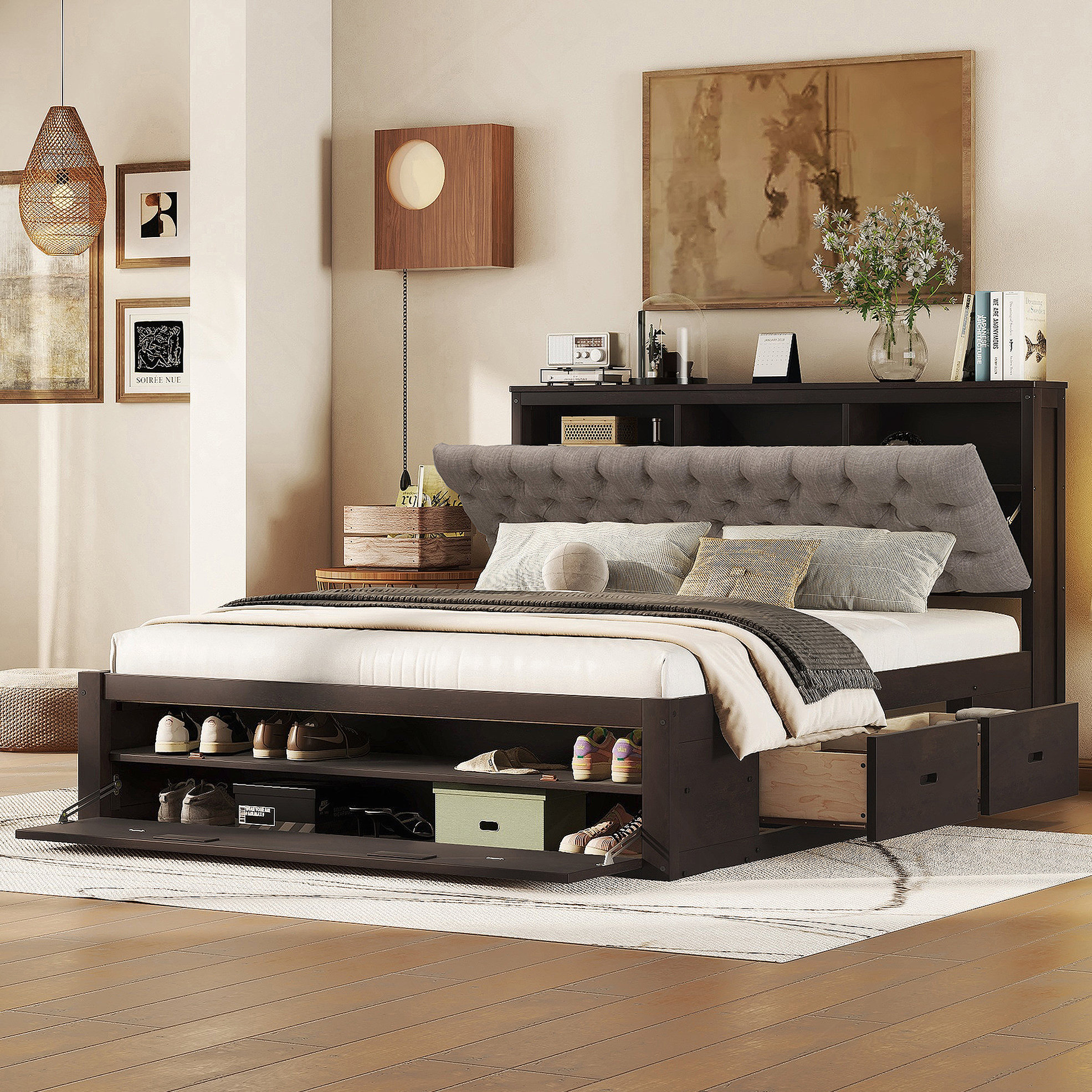 Latitude Run® Wood Queen Size Platform Bed with Storage Headboard, shoe ...