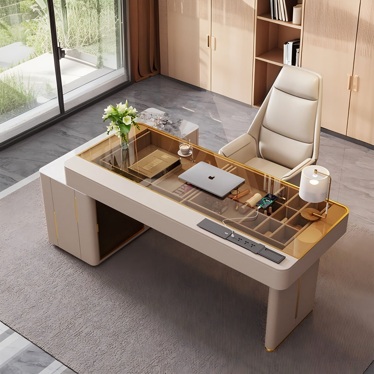 Isla Hopping Solid Wood Coffee Tempered Glass Top Desk with Integrated ...