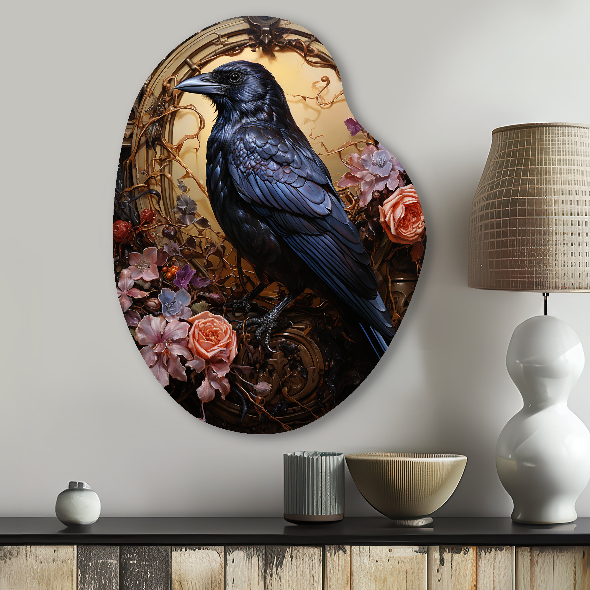 Design Art Crow Opulent Oath - Crow Pear Shape Irregular Metal Wall ...