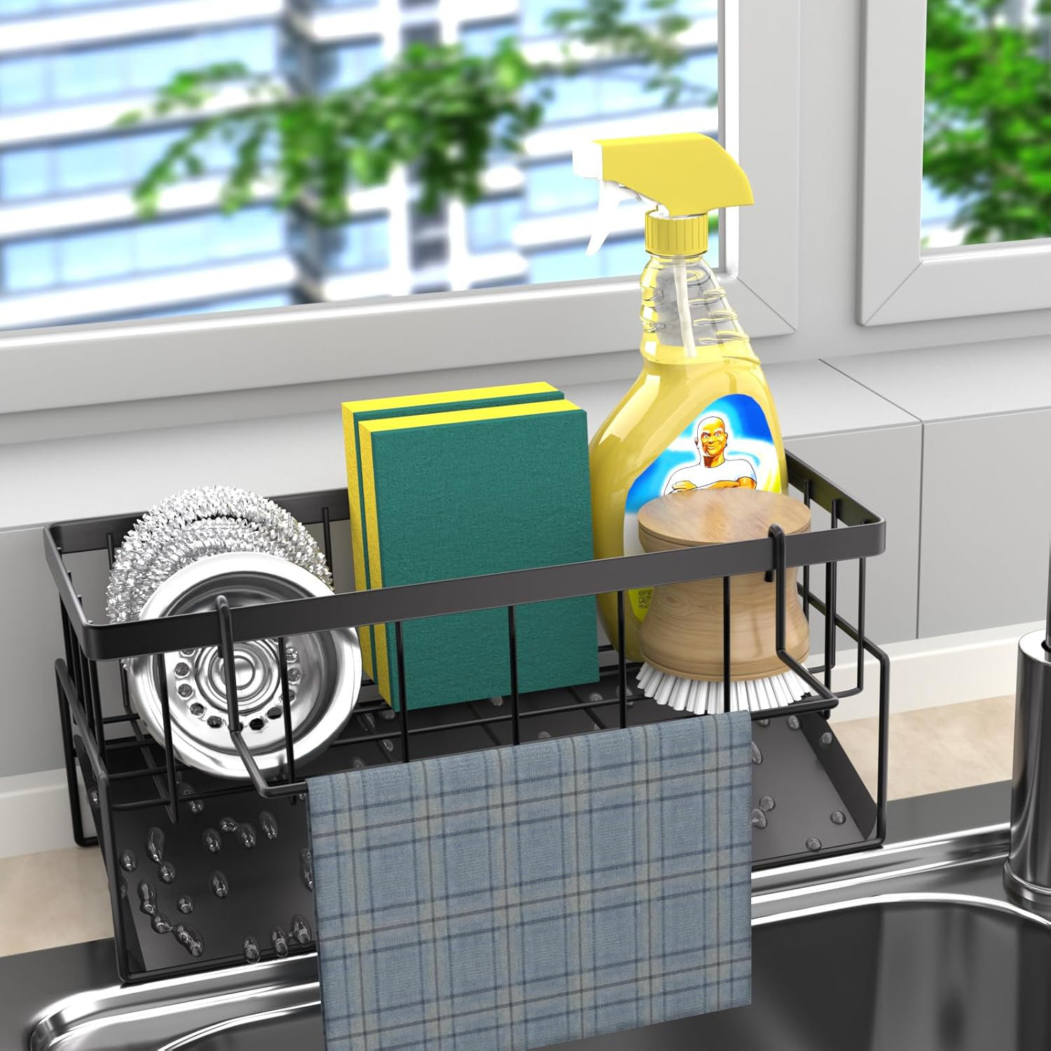 WKING Steel Sponge Holder For Kitchen Sink With Auto-Draining Tray ...