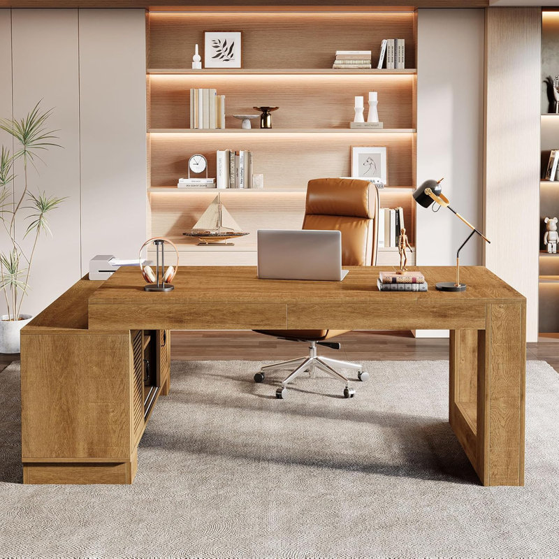 Millwood Pines 74.8-Inch L Shaped Computer Desk with Storage Cabinets ...