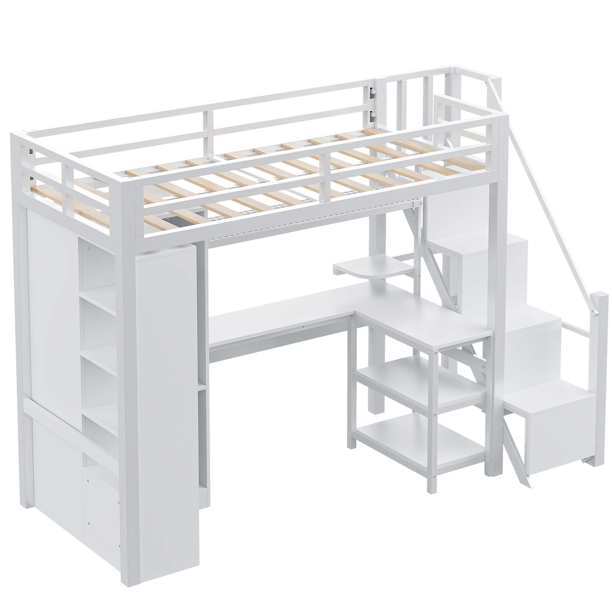 Galibens Metal Loft Bed With Desk,USB Ports,5-Layer Shelf, Wardrobe And ...