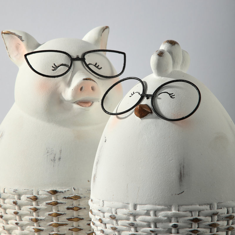 Gracie Oaks 5.5" Resin Chick And Pig With Metal Glasses | Wayfair