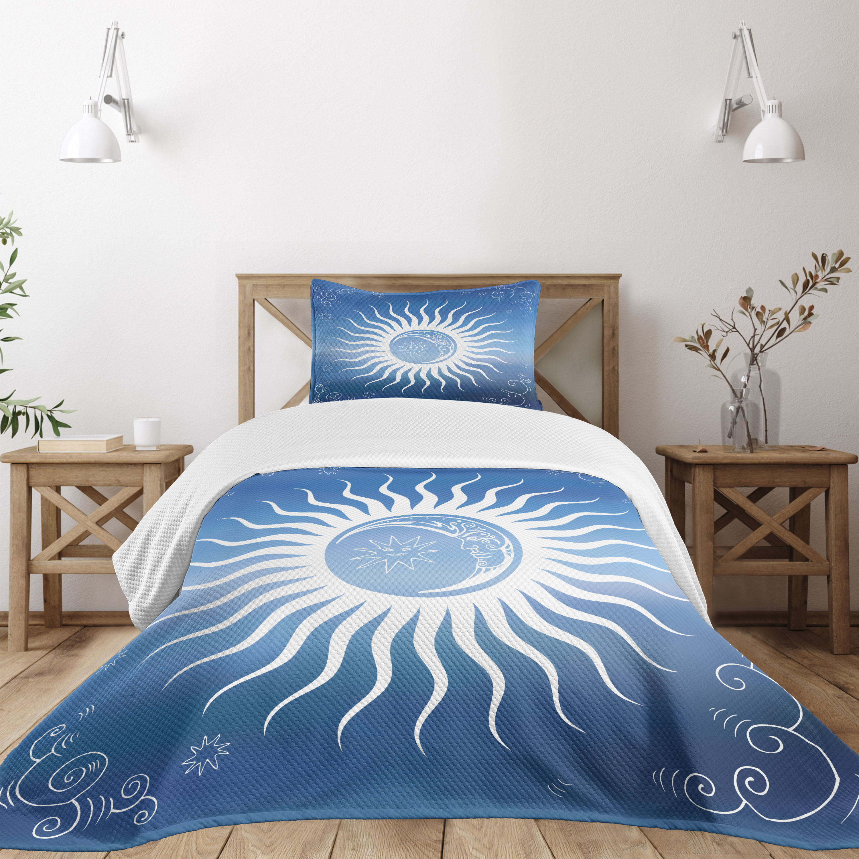 Ambesonne Sun Bedspread Set Crescent Moon Curlicues Blue White | Wayfair