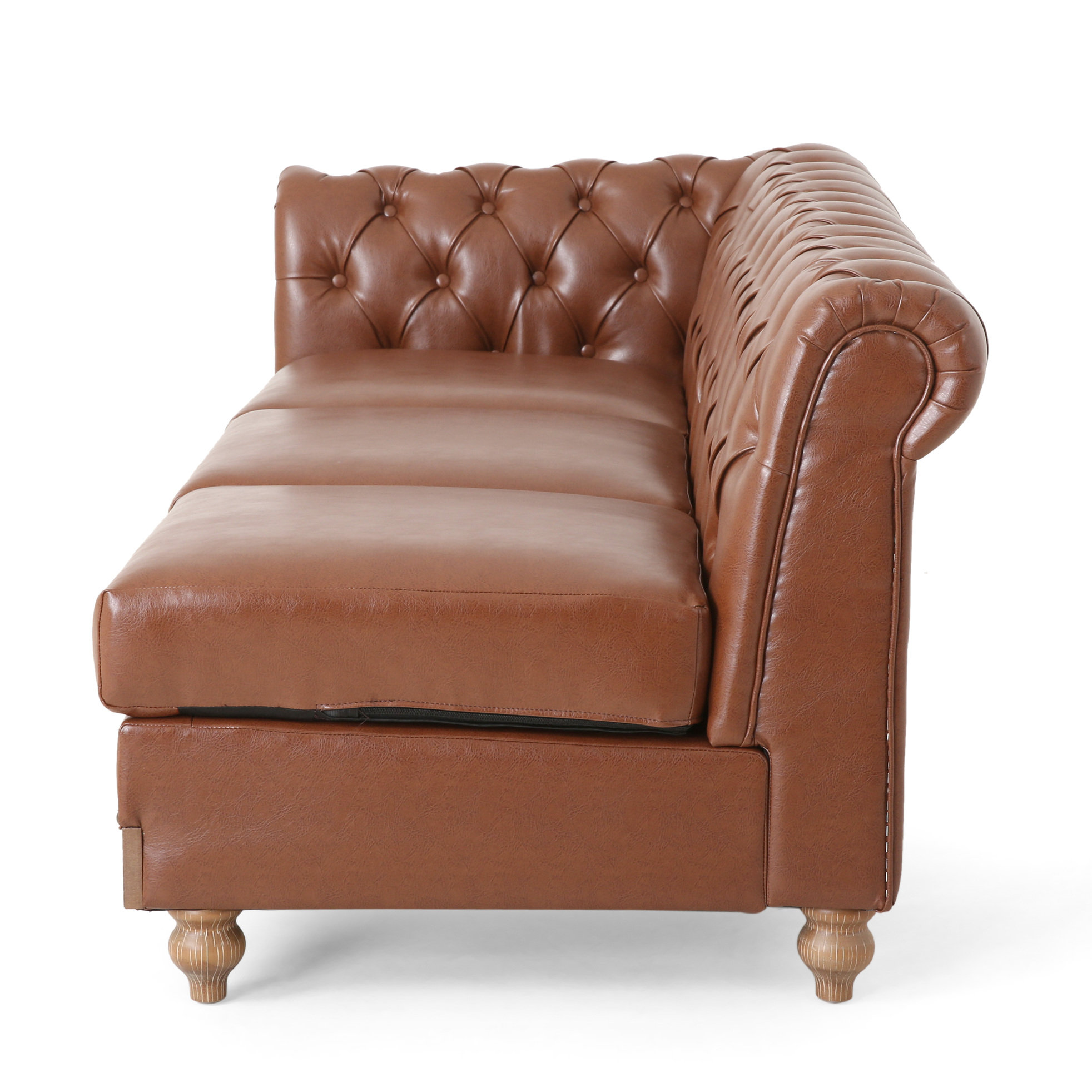 Alcott Hill® Sectional With - Brown Pu Leather, Wooden Legs, Metal Rivets, 105''wx105''dx28''h ...