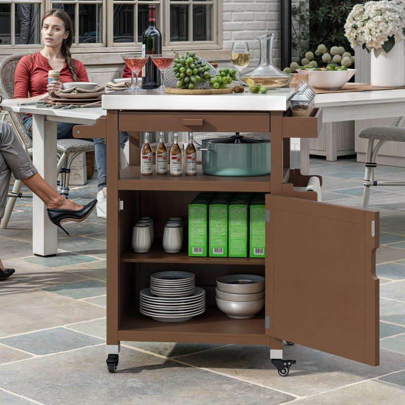 Ebern Designs Outdoor Storage Cabinet Wooden Movable Patio Table with ...