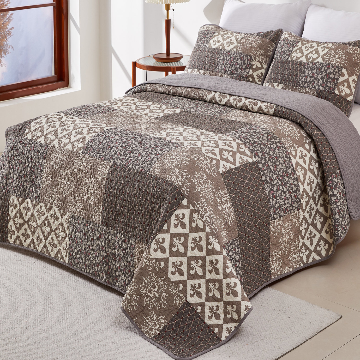 Evenhug Cotton Gray Queen Quilt and Two Pillow Shams & Reviews | Wayfair