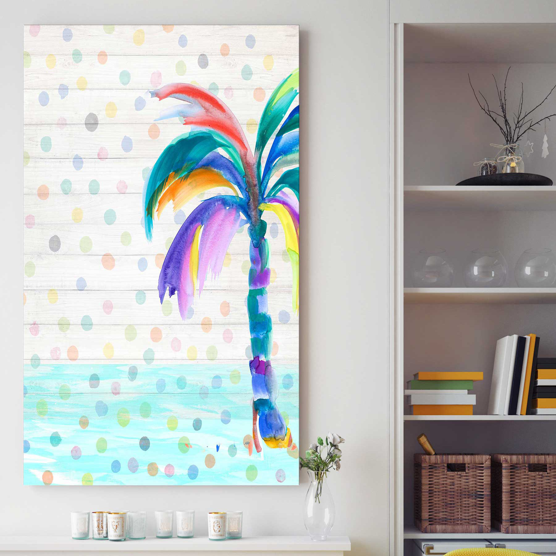 Ebern Designs Funky Palm on Dots I - Wrapped Canvas Painting Print ...