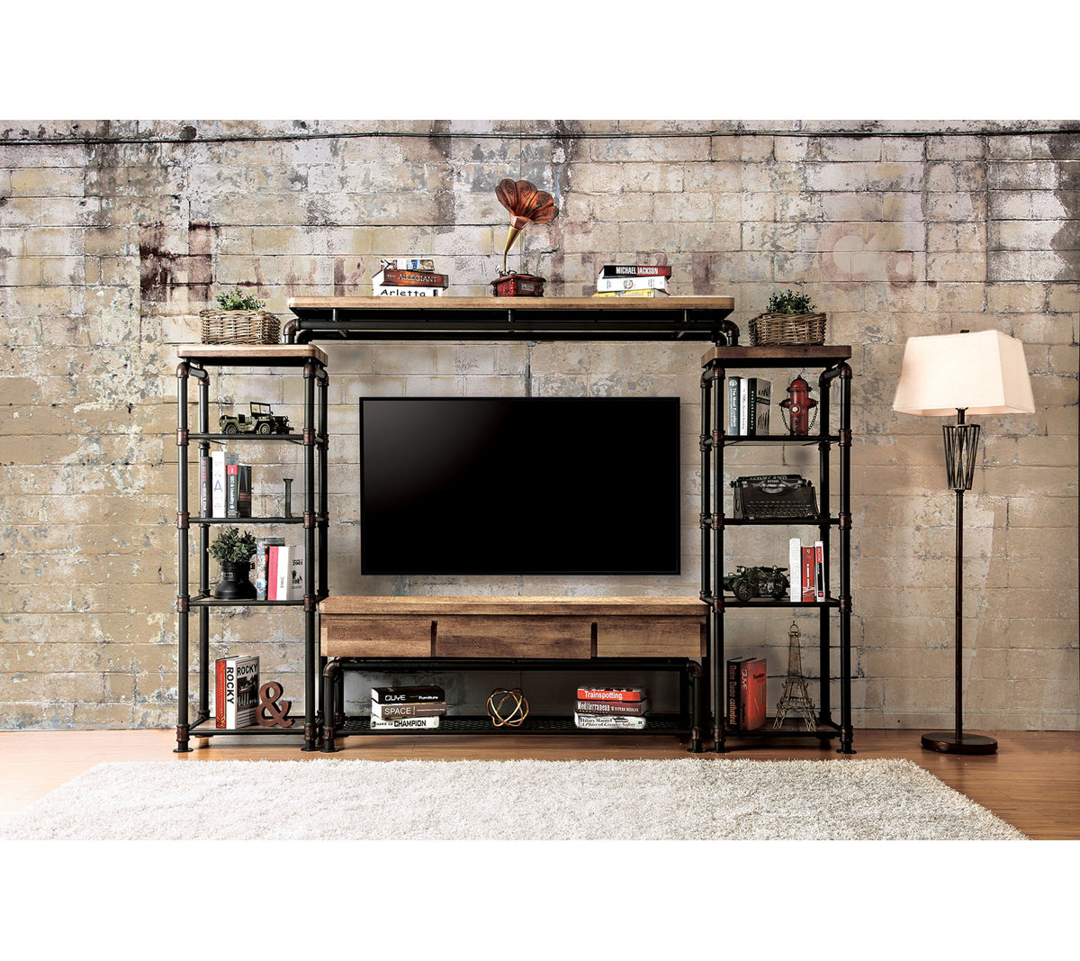 George Oliver Industrial Style TV Console Bridge Pipe Inspired Frame ...