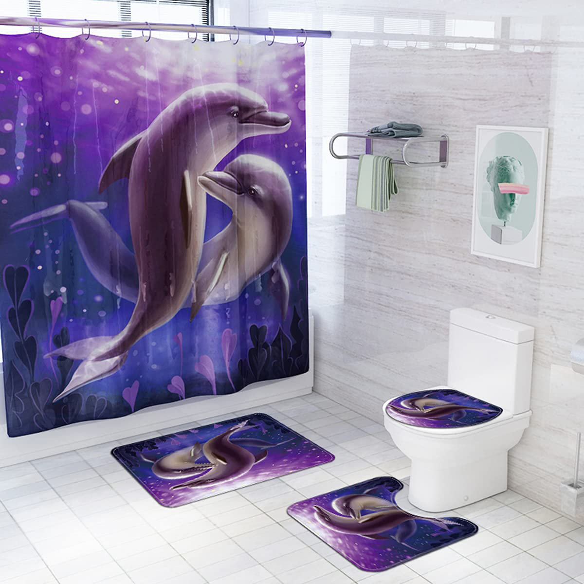 East Urban Home Liman Dolphin Bathroom Set With Shower Curtain And Rugs ...