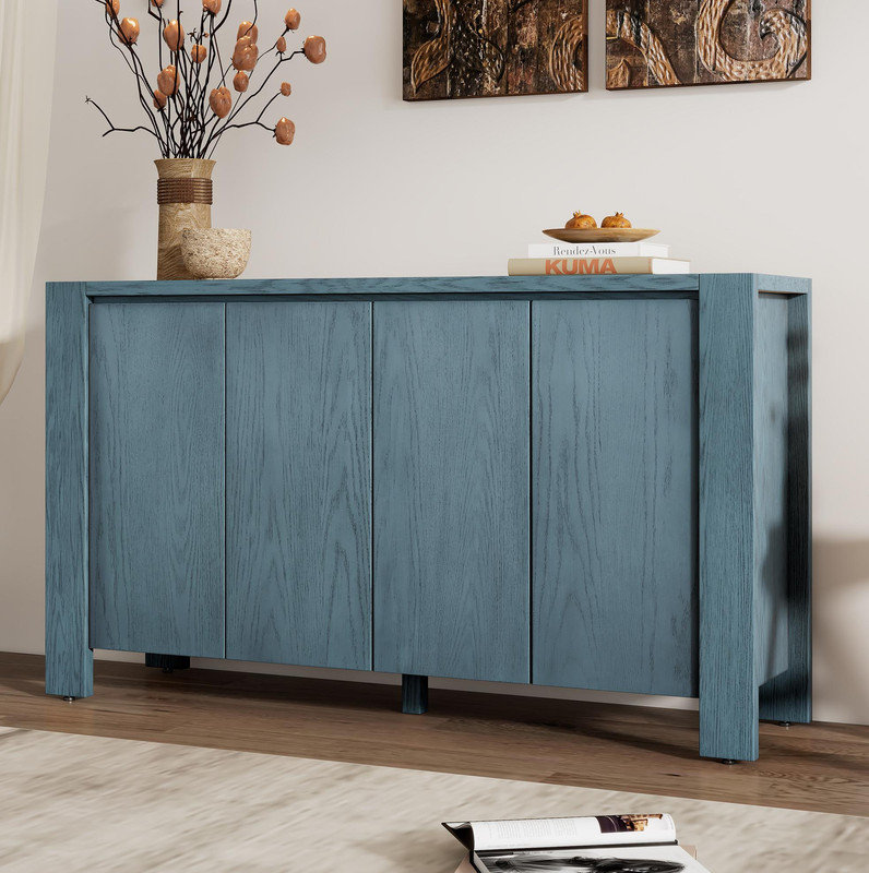 One Allium Way® Buffet Cabinet with Storage, 4-Door Retro Wood Sideboard with Distressed Finish ...
