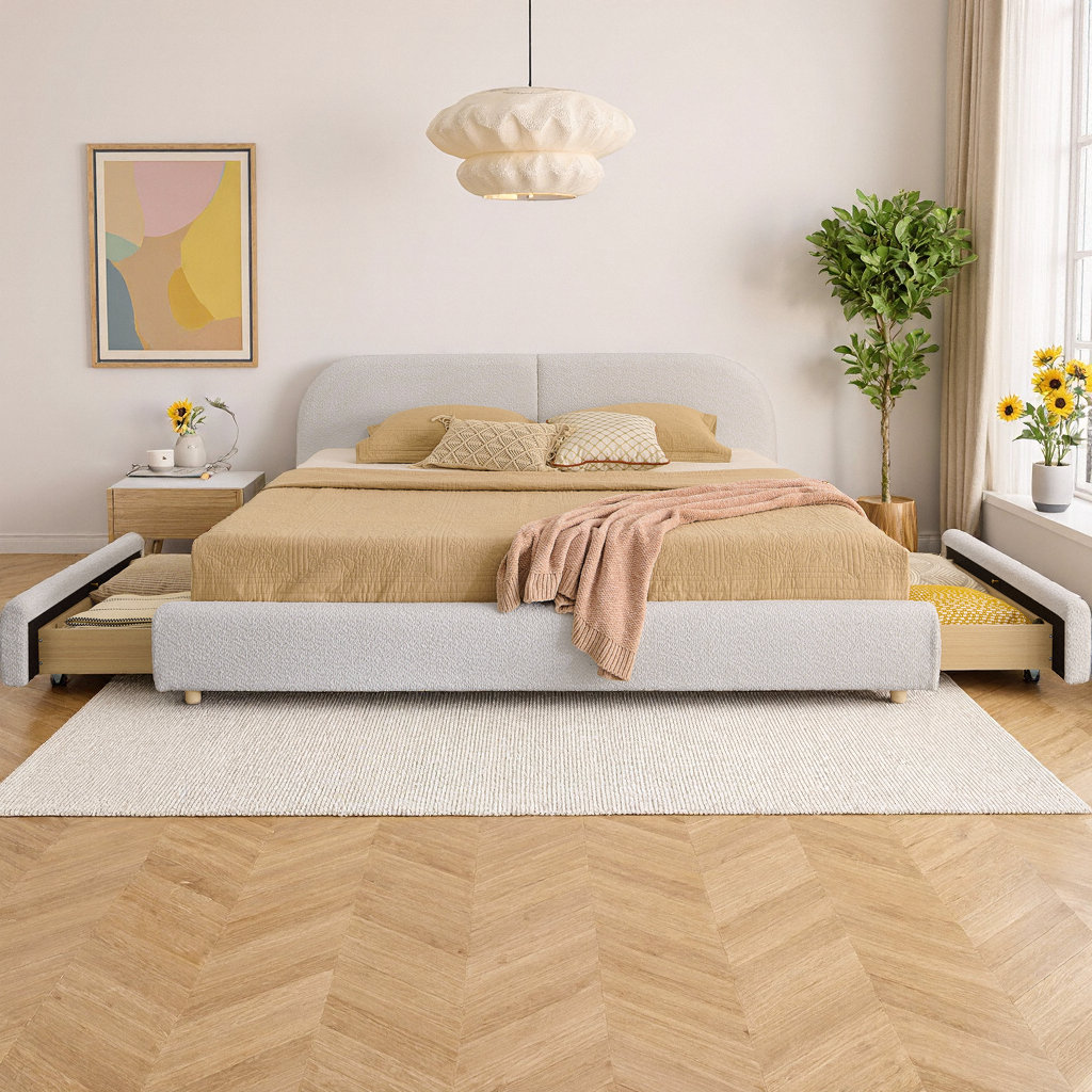 Latitude Run® King Size Upholstered Platform Bed Frame with 4 Wheeled ...
