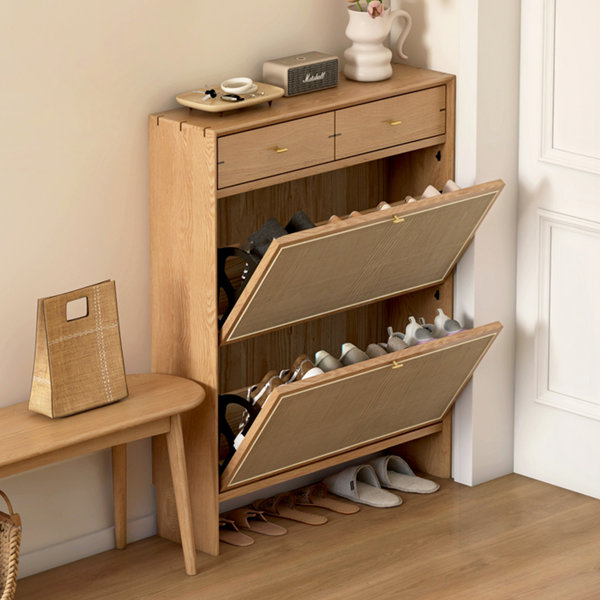 DICIXA Vine Woven Flip Bucket Shoe Cabinet 8 Pair Solid Wood Shoe ...