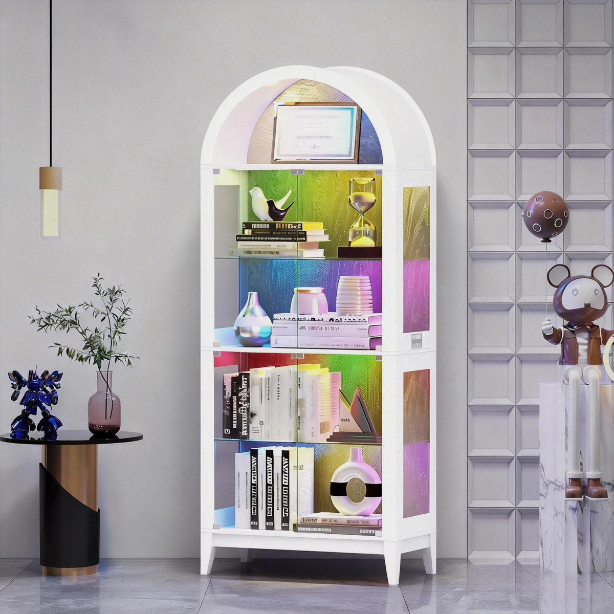 Metro Lane 5 - Shelf Arch Bookcase With Tempered Glass, Display Cabinet ...