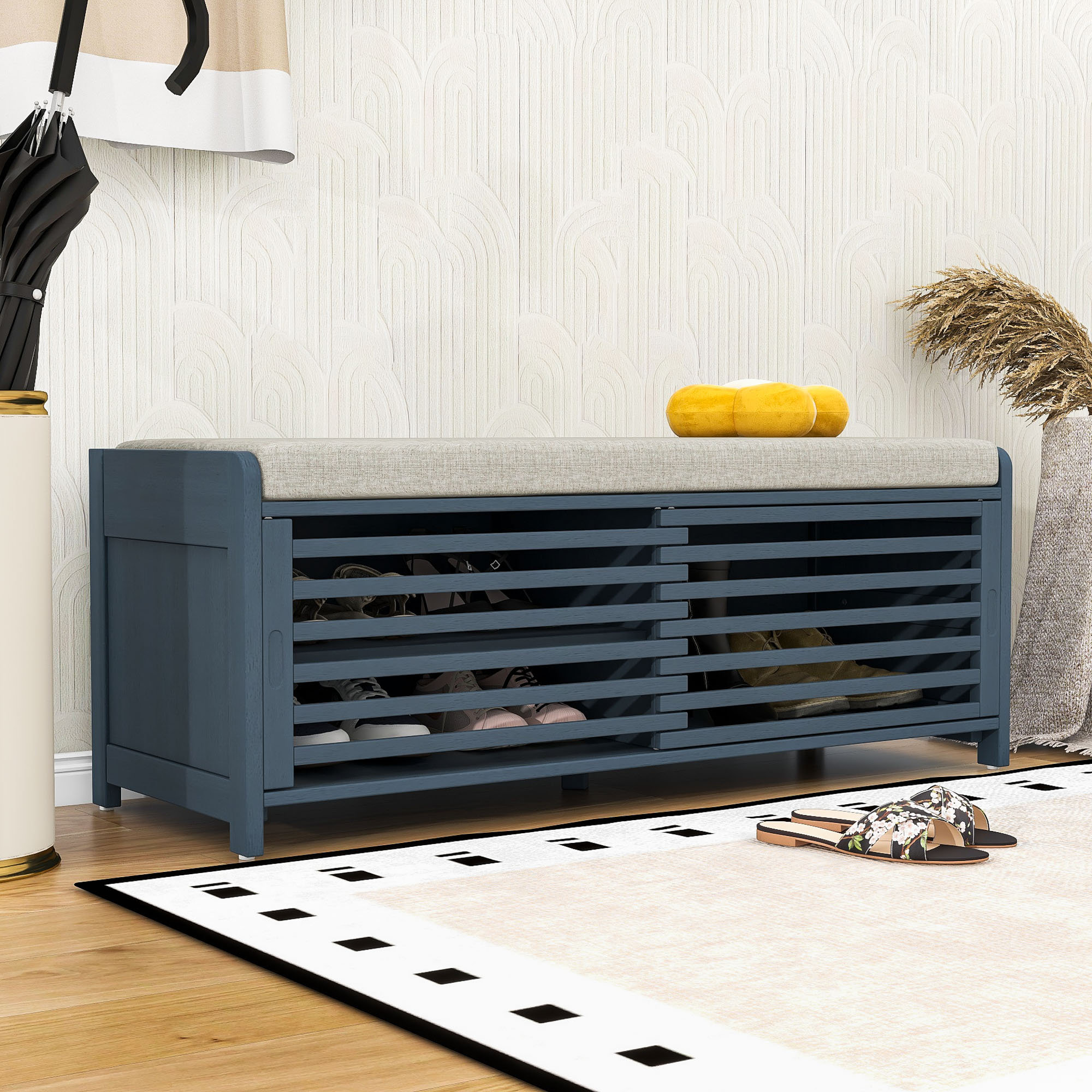 Latitude Run® Retro Shutter Shoe Bench with Cushion and Storage Shelves ...