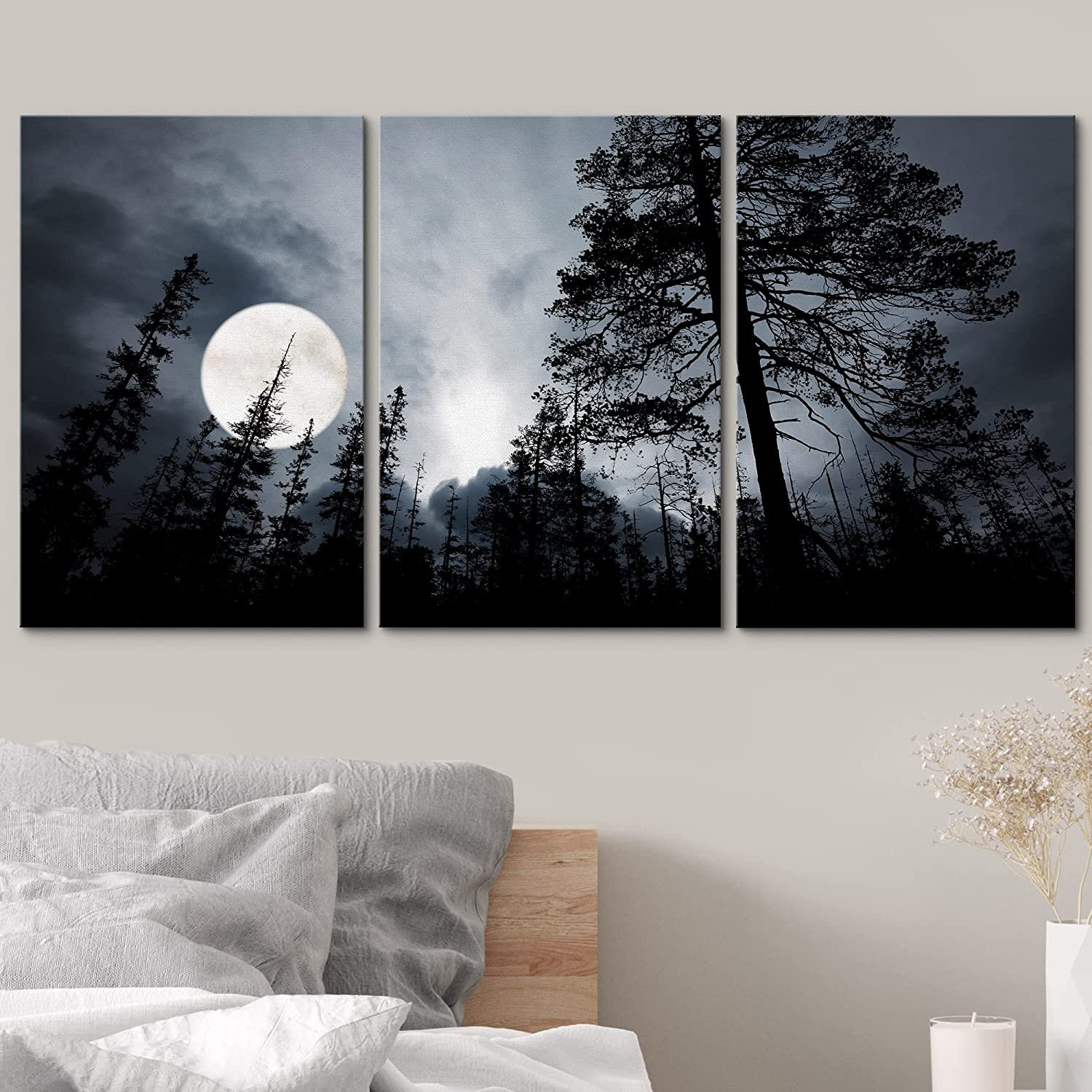 IDEA4WALL Shining Full Moon Full Moon In The Forest - 3 Piece Wrapped ...