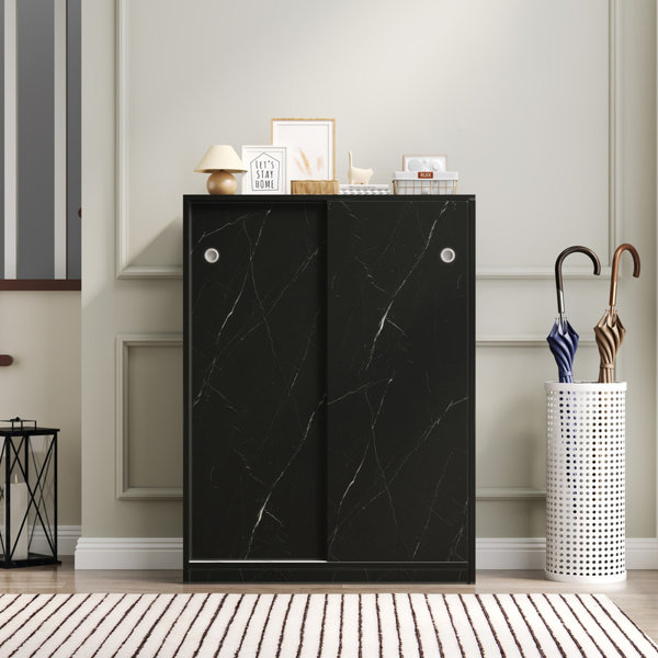 Orren Ellis Marble Black Shoe Cabinet with Sliding Door, 6 Layers Shoe ...