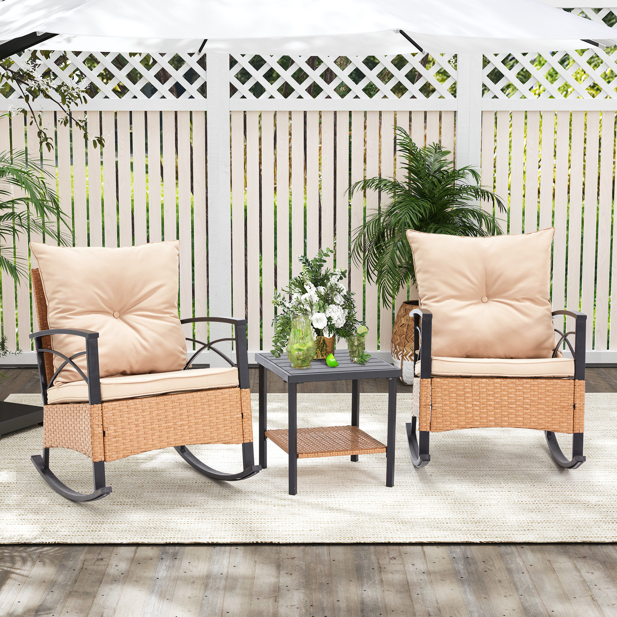 EROMMY 3-piece Bistro Set: Outdoor Pe Rattan Rocking Chairs With ...
