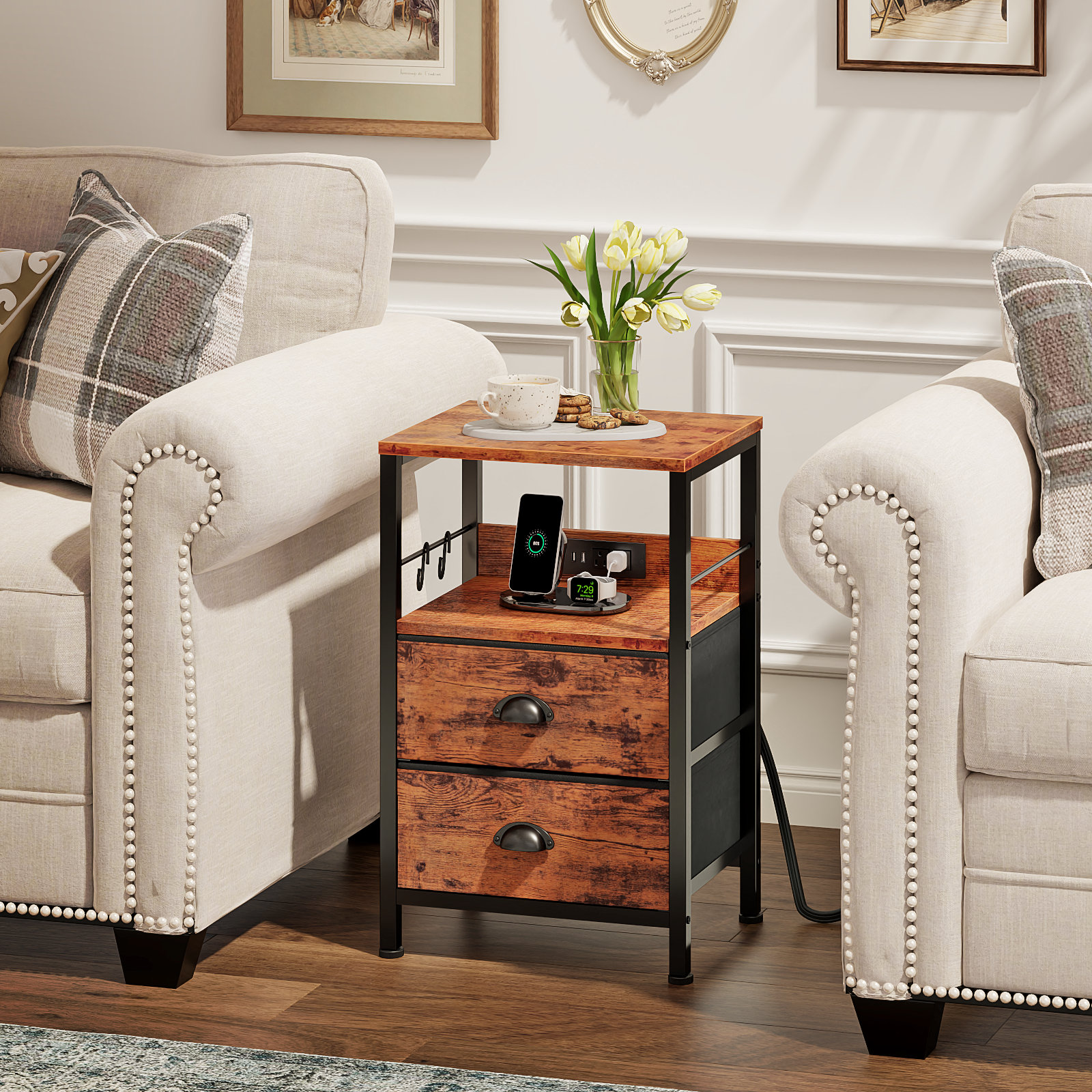 Furco 1/2 PCS 22" Tall Nightstand with Charging Station, End Side ...