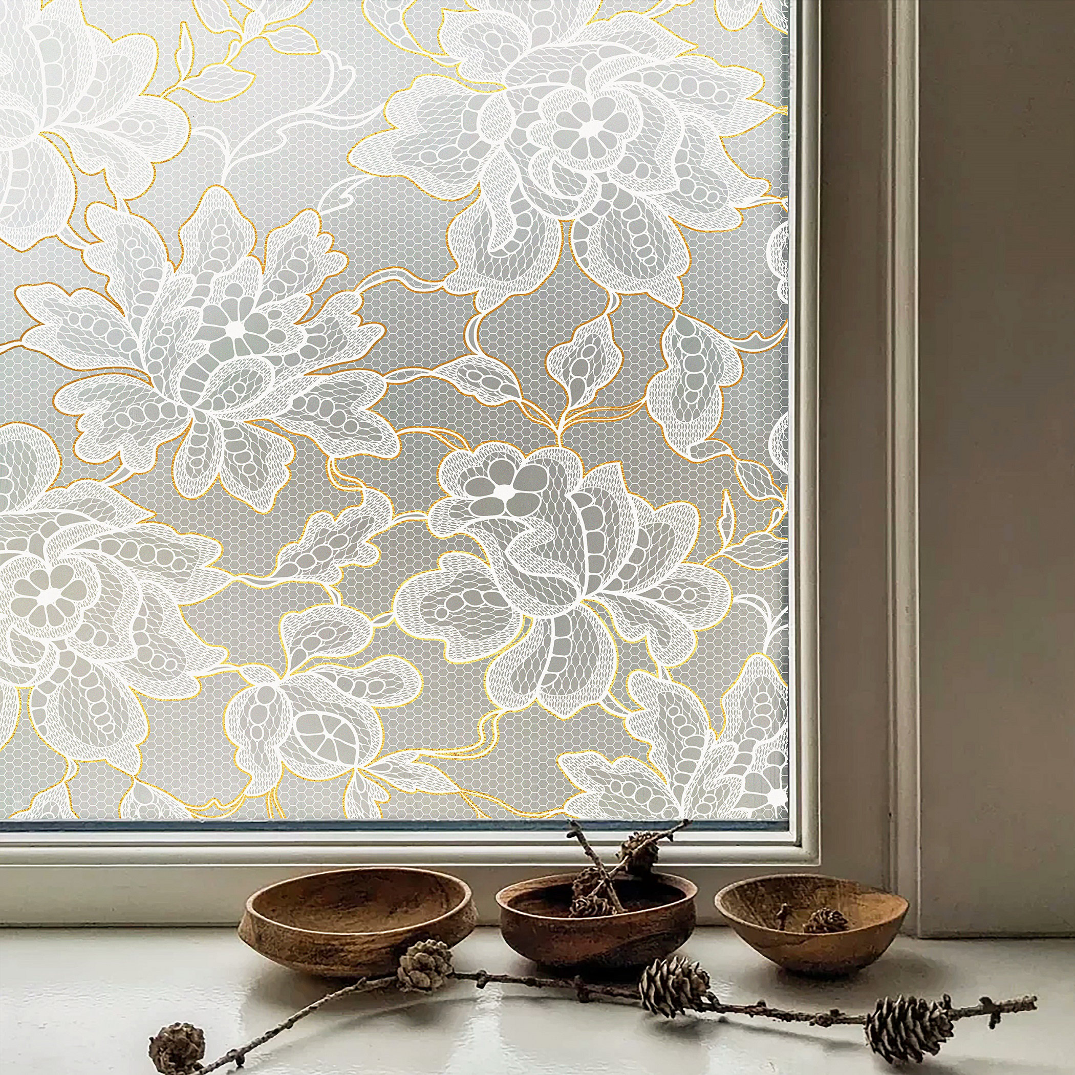 Winston Porter French Retro Faux Gold Edge White Floral Lace Window ...