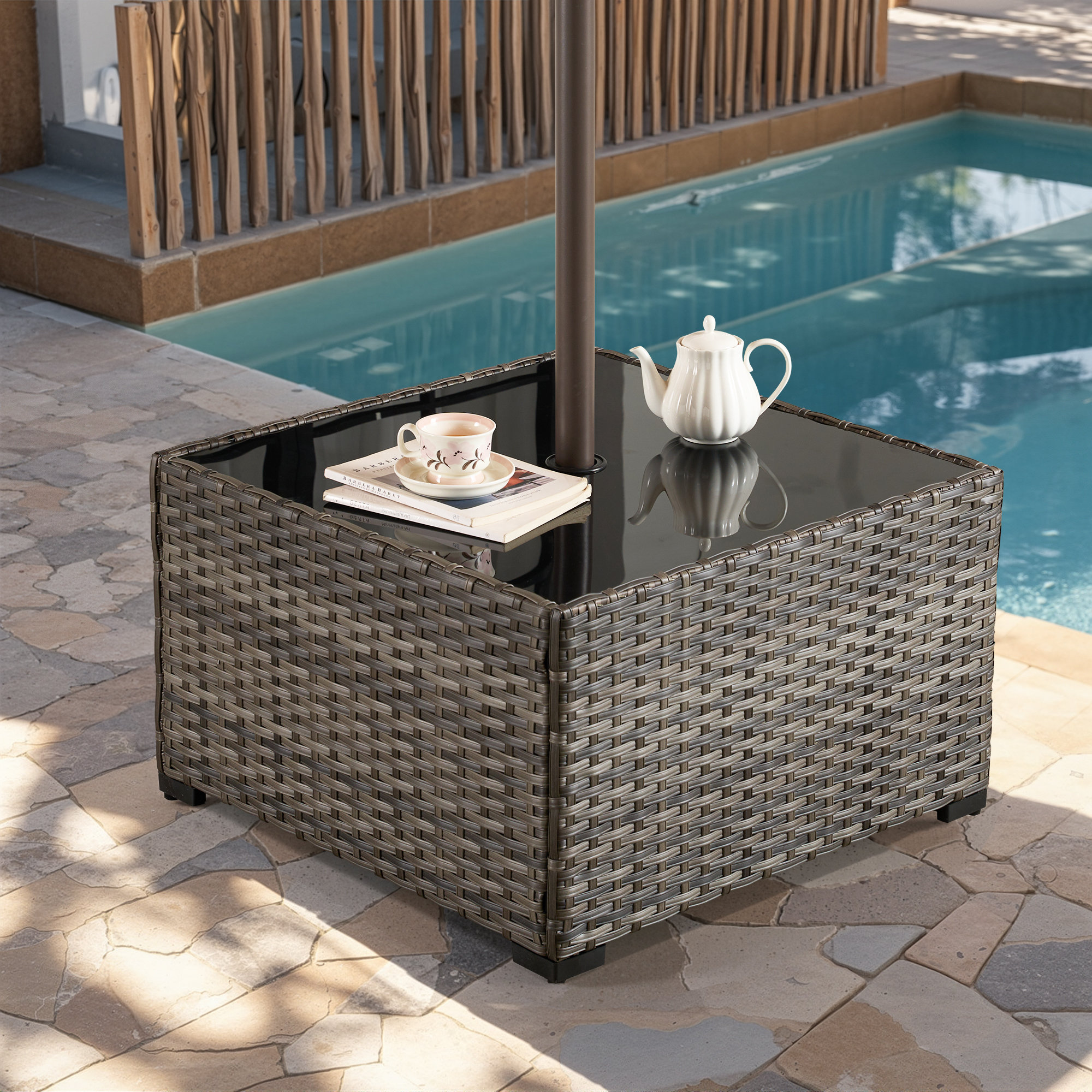 Ebern Designs Square Wicker/Rattan Outdoor Coffee Table With Umbrella ...
