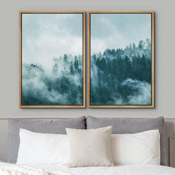 IDEA4WALL Teal Mist & Fog Mountain Forest Trees - 2 Piece Print Set ...