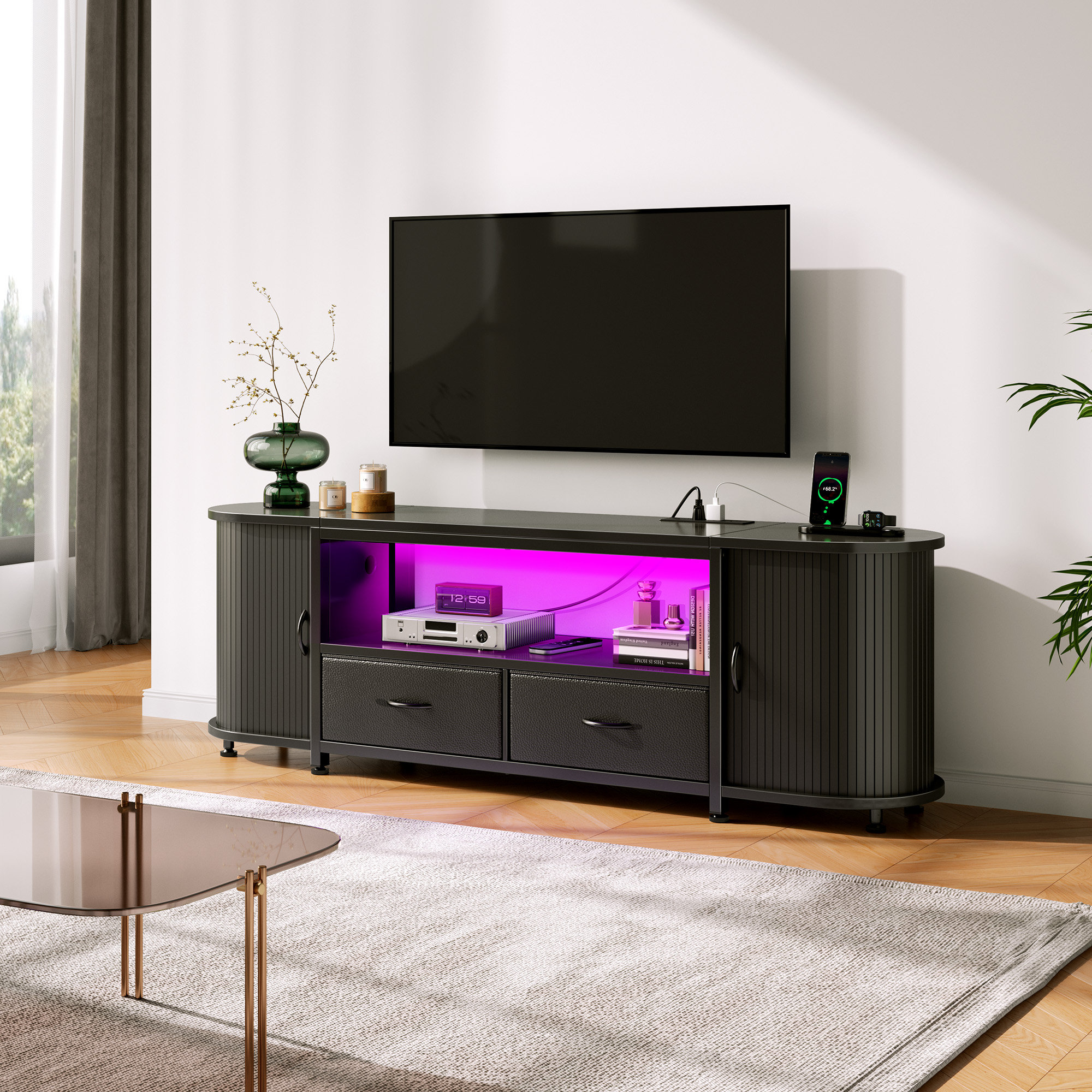 Wrought Studio™ TV Stand with RGB LED Lights and Charging Station ...